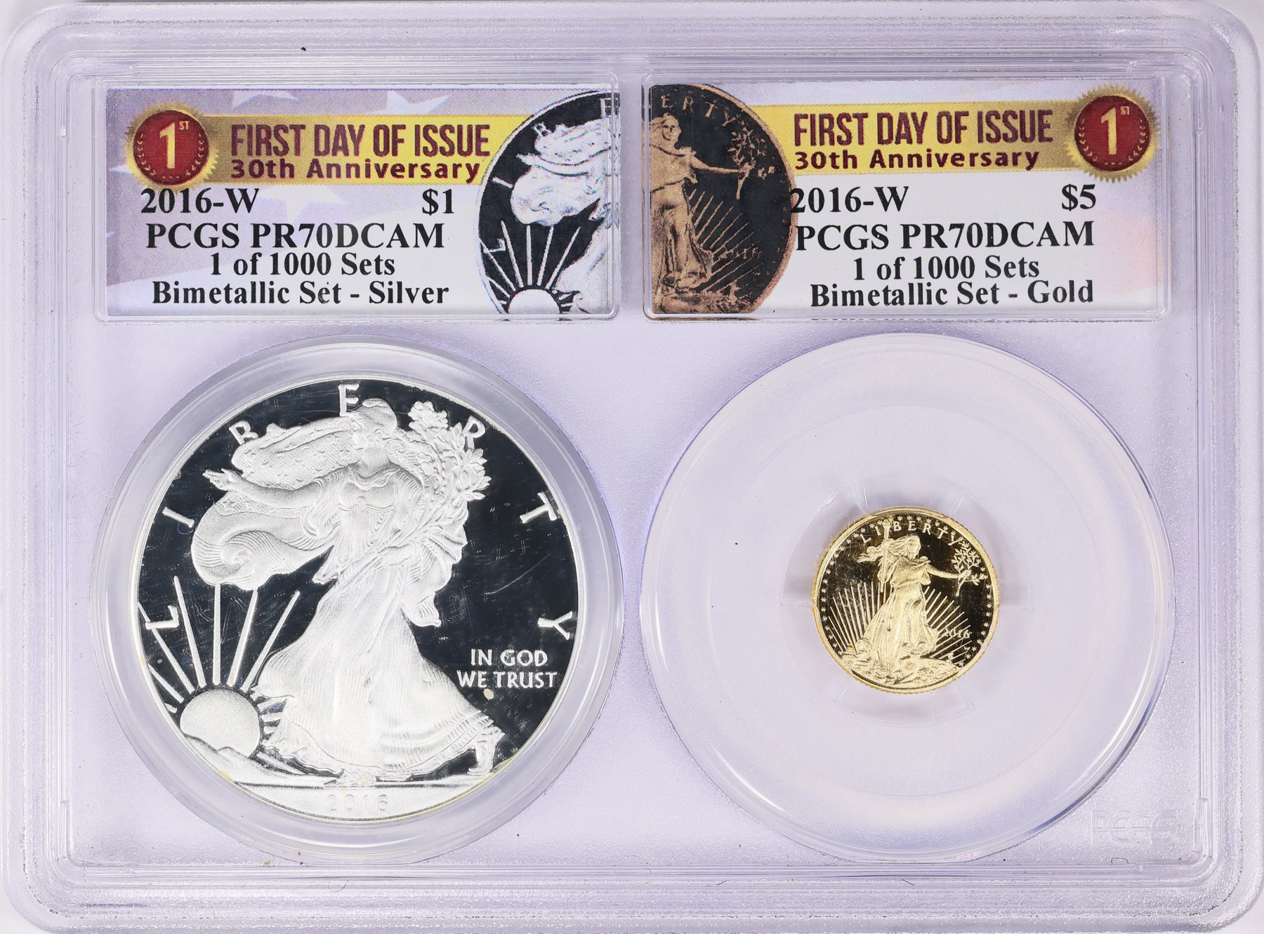 2016-W $5 Tenth-Ounce Gold American Eagle and $1 Silver Eagle 30th Anniversary Bimetallic Set ...