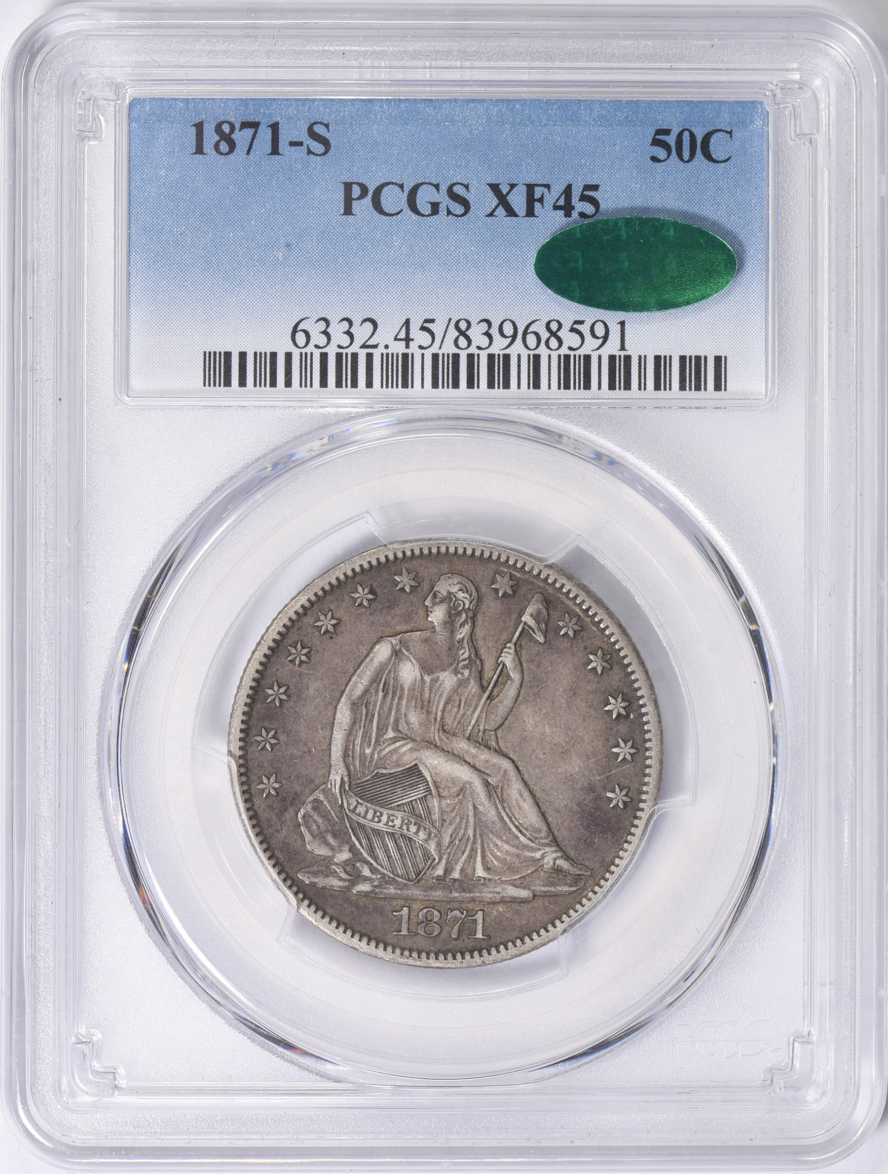 1871-S Seated Liberty Half Dollar PCGS XF-45 (CAC Green) (Item 1664305) | GreatCollections Coin ...