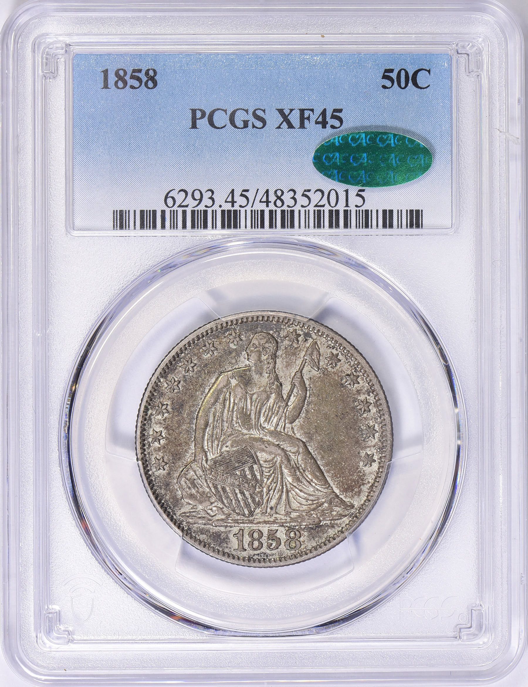 1858 Seated Liberty Half Dollar PCGS XF-45 (CAC Green) (Item 1664306) | GreatCollections Coin ...