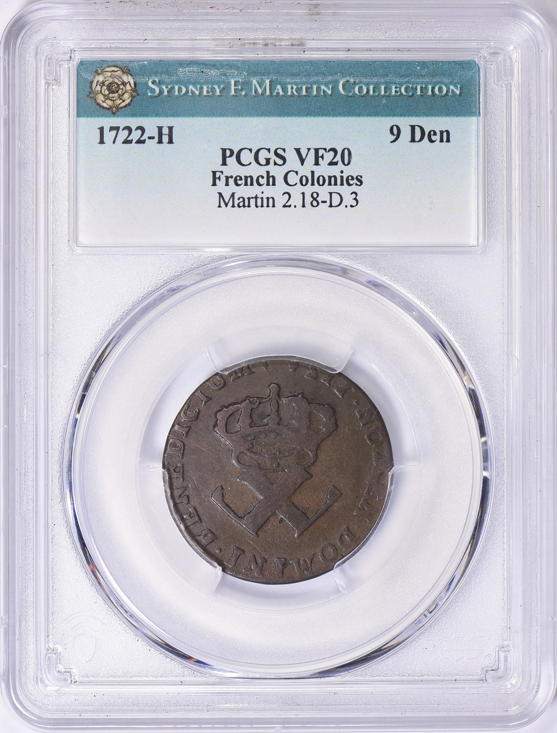 French Colonies 1722-H 9 Deniers KM-5.2 PCGS VF-20 (Ex: Sydney Martin Collection) (Item 1664345 ...