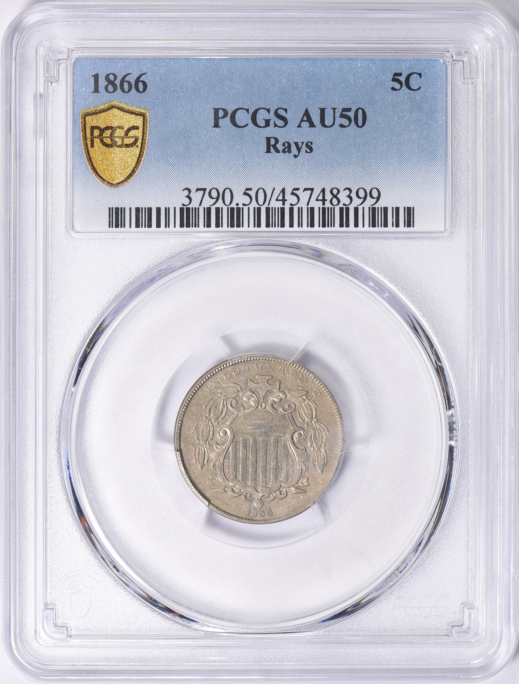 1866 Shield Nickel Rays PCGS AU-50 (Item 1664873) | GreatCollections Coin Auctions