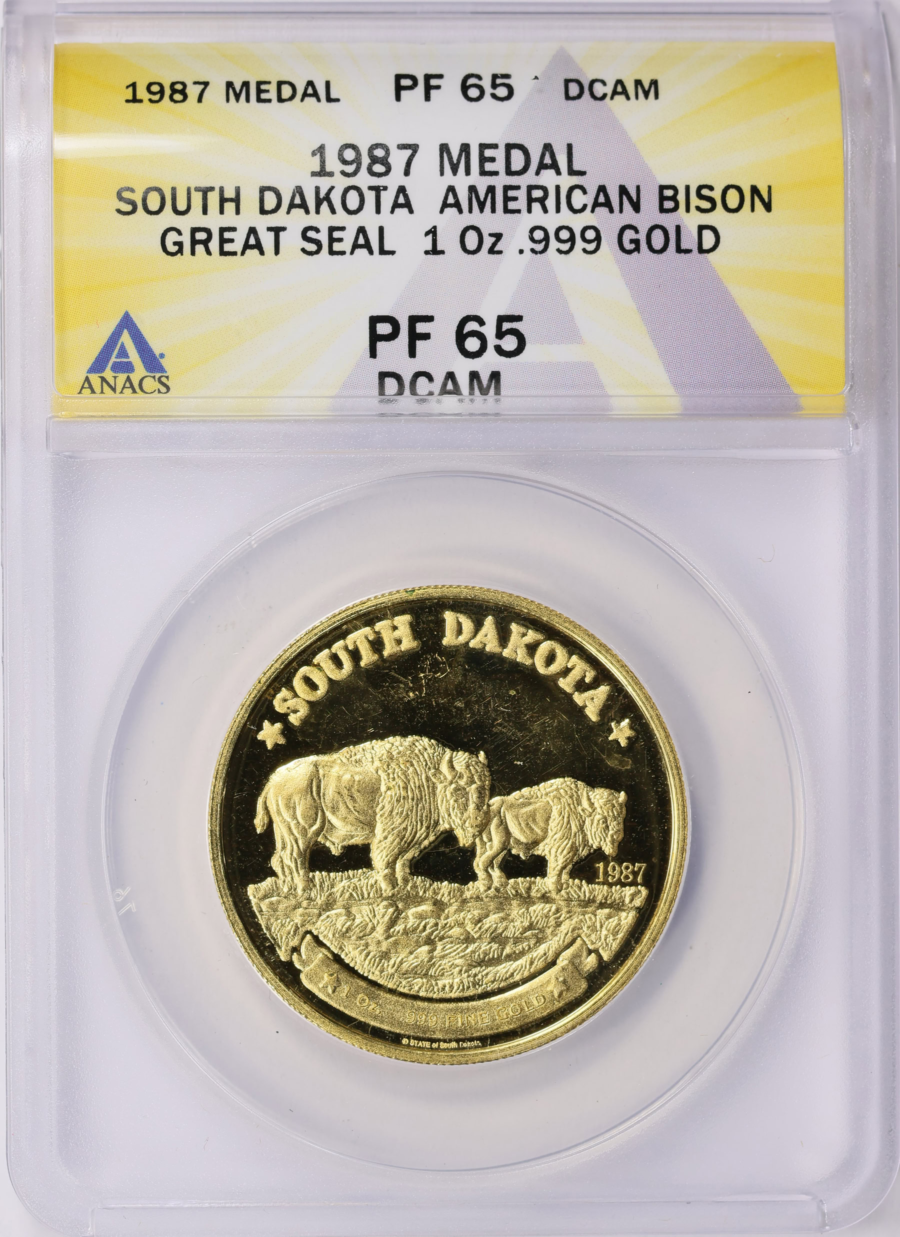 1987 Gold 1oz South Dakota American Bison Great Seal Medal ANACS Proof ...