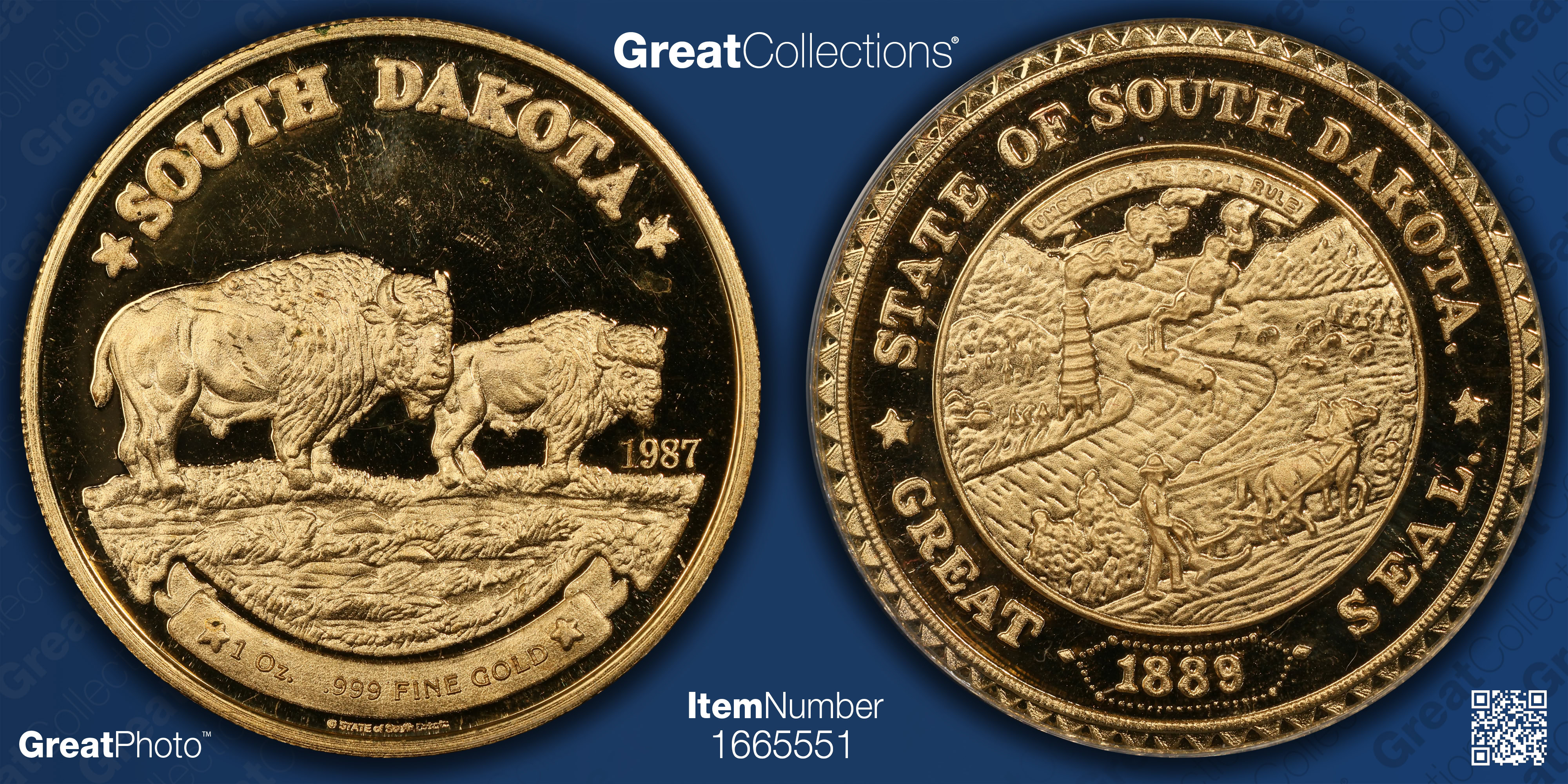 1987 Gold 1oz South Dakota American Bison Great Seal Medal ANACS Proof ...