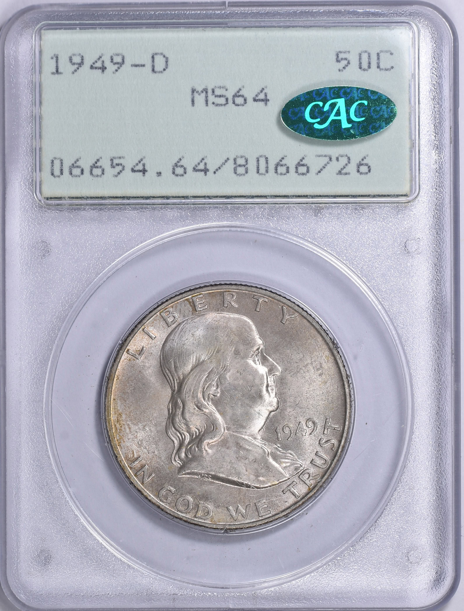 1949-D Franklin Half Dollar PCGS MS-64 (CAC Green) OGH (1st Gen) (Item ...