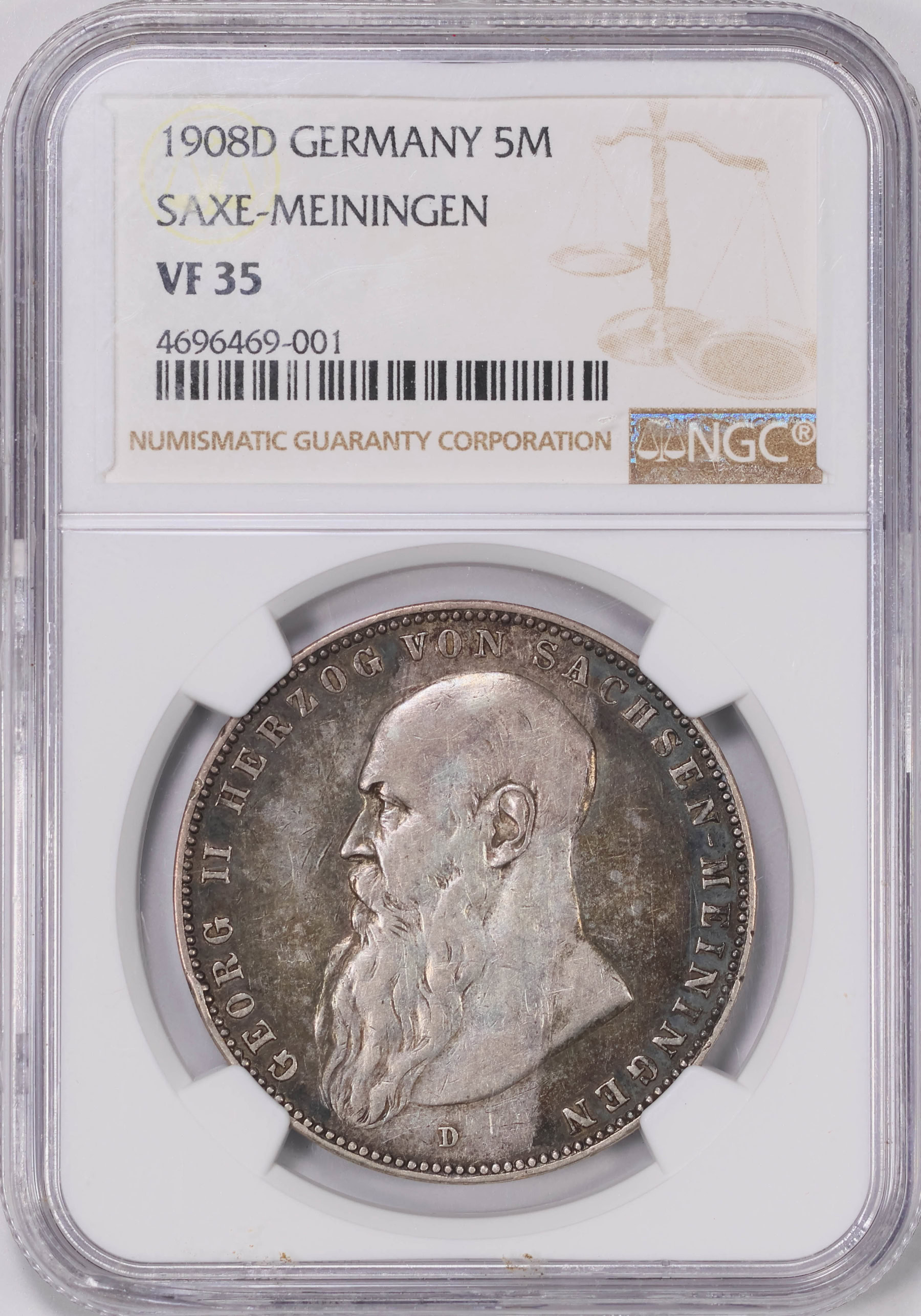 Germany Saxe-Meiningen 1908-D Silver 5 Marks KM-201 NGC VF-35 (Item ...