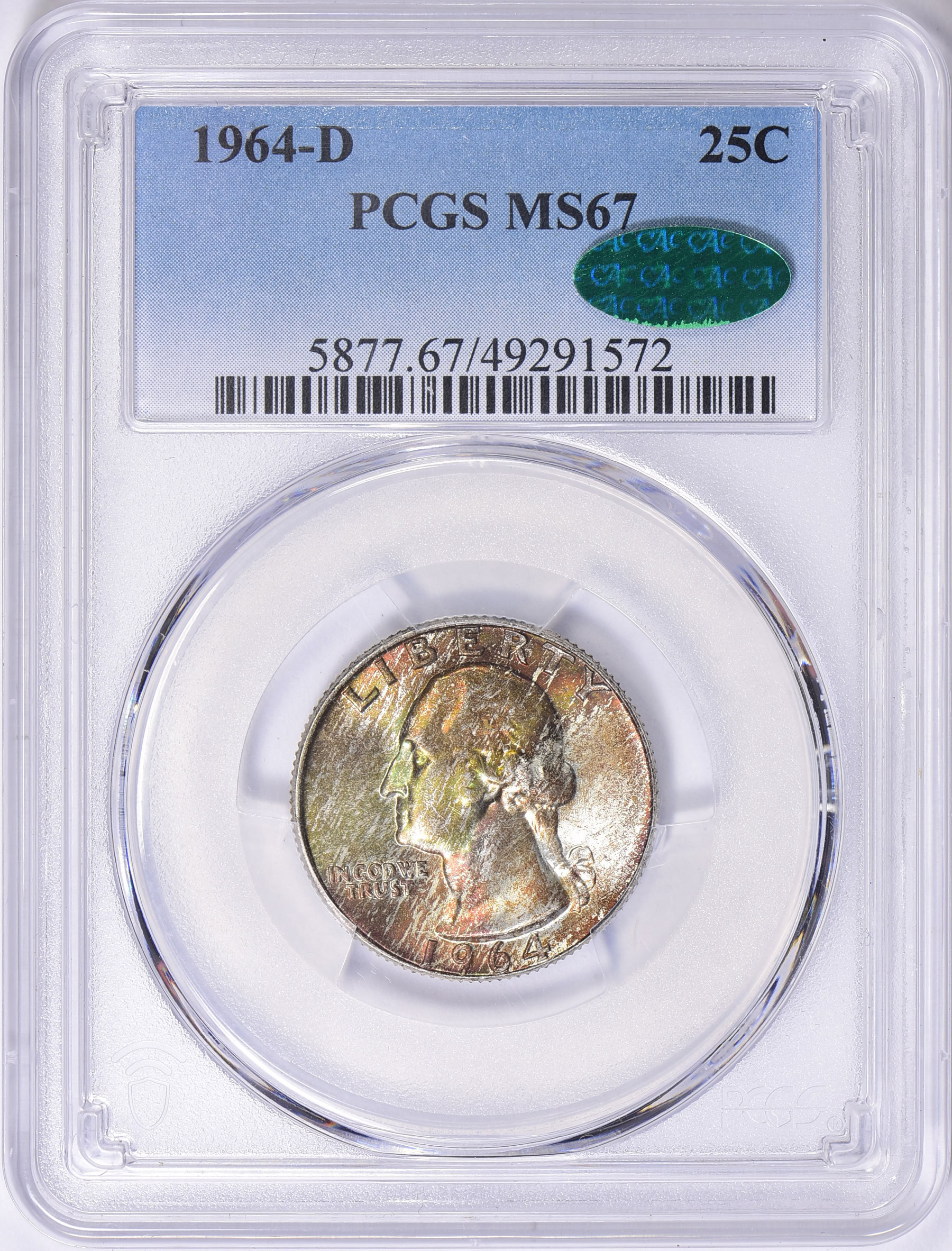 1964-D Washington Quarter PCGS MS-67 (CAC Green) (Toned) (Item 1665806) | GreatCollections Coin ...