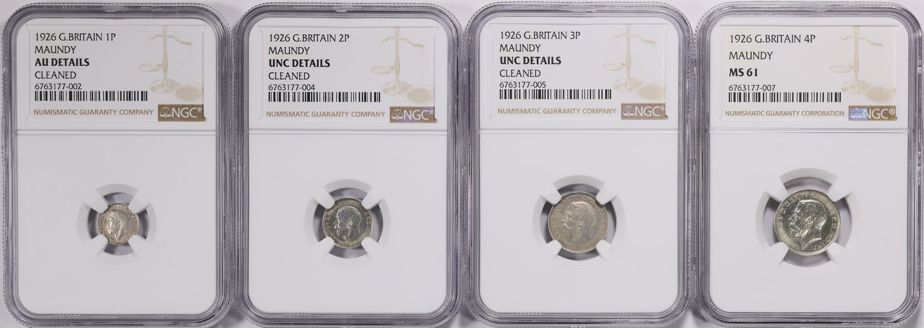 Great Britain 1926 Silver 1p, 2p, 3p & 4p Maundy Set KM-MDS184 NGC AU ...