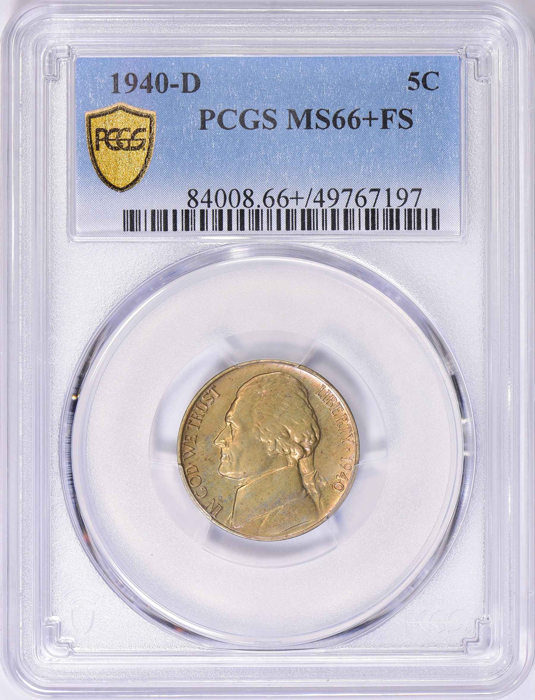 1940-D Jefferson Nickel PCGS MS-66+ FS (Toned) (Item 1665867) | GreatCollections Coin Auctions