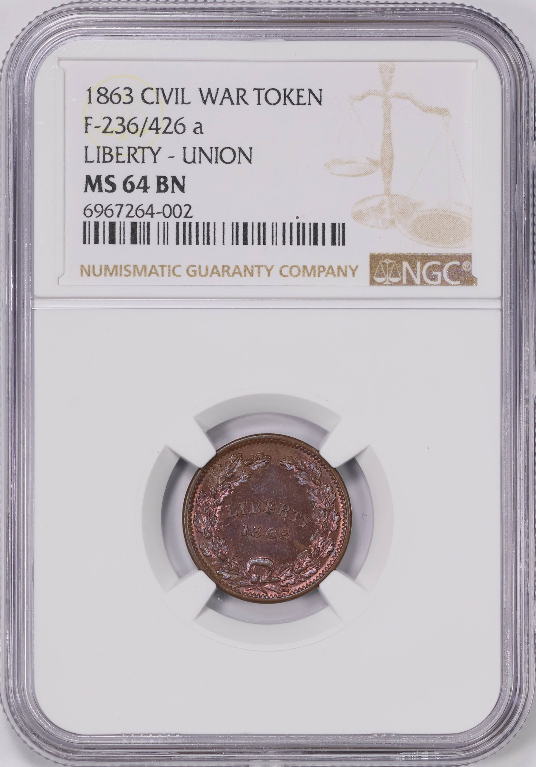1863 Liberty - Union Civil War Token F-236/426a NGC MS-64 BN (Item ...