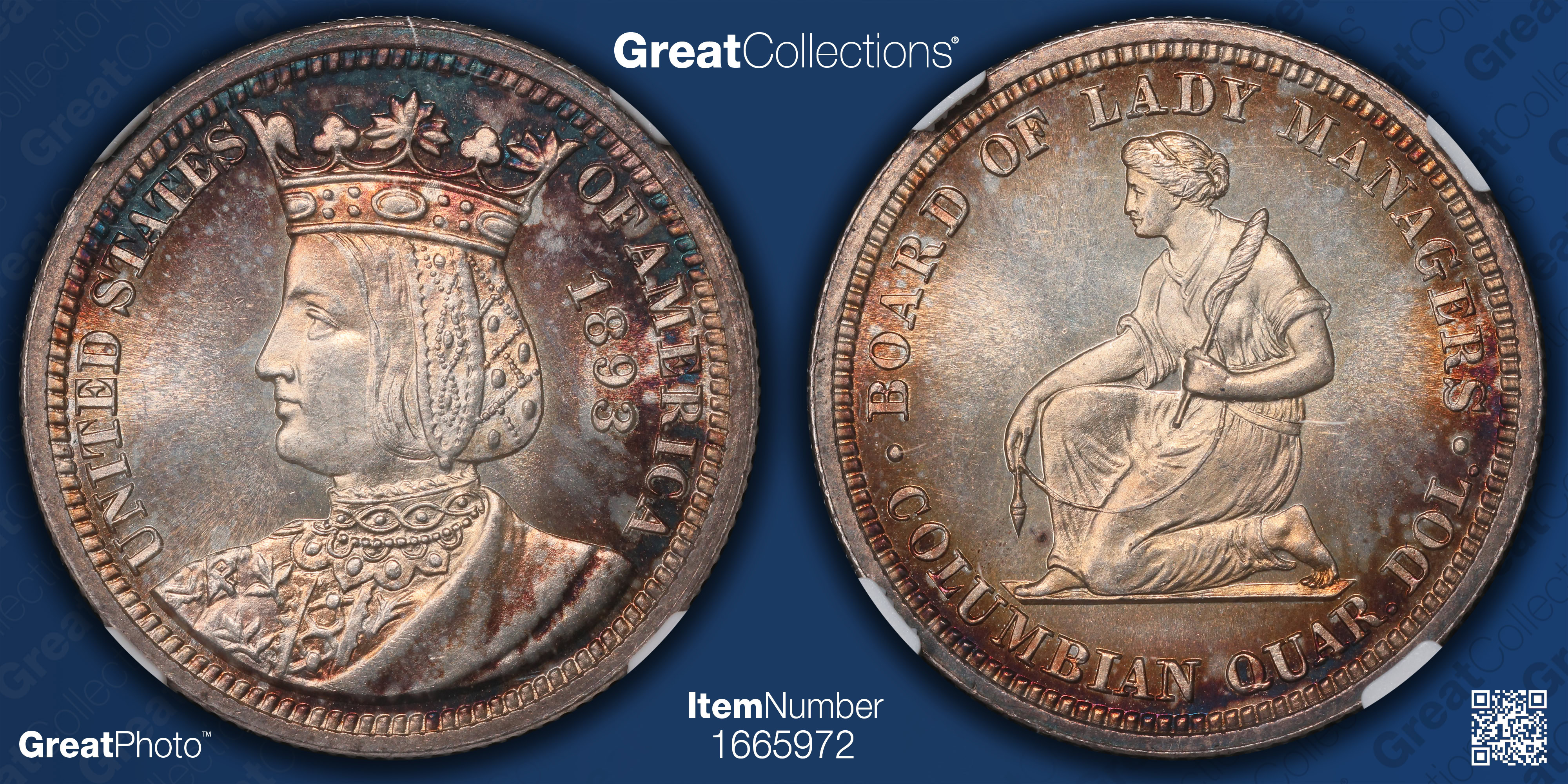 1893 World Columbian Exposition, Isabella Quarter NGC Proof-66 (Toned ...