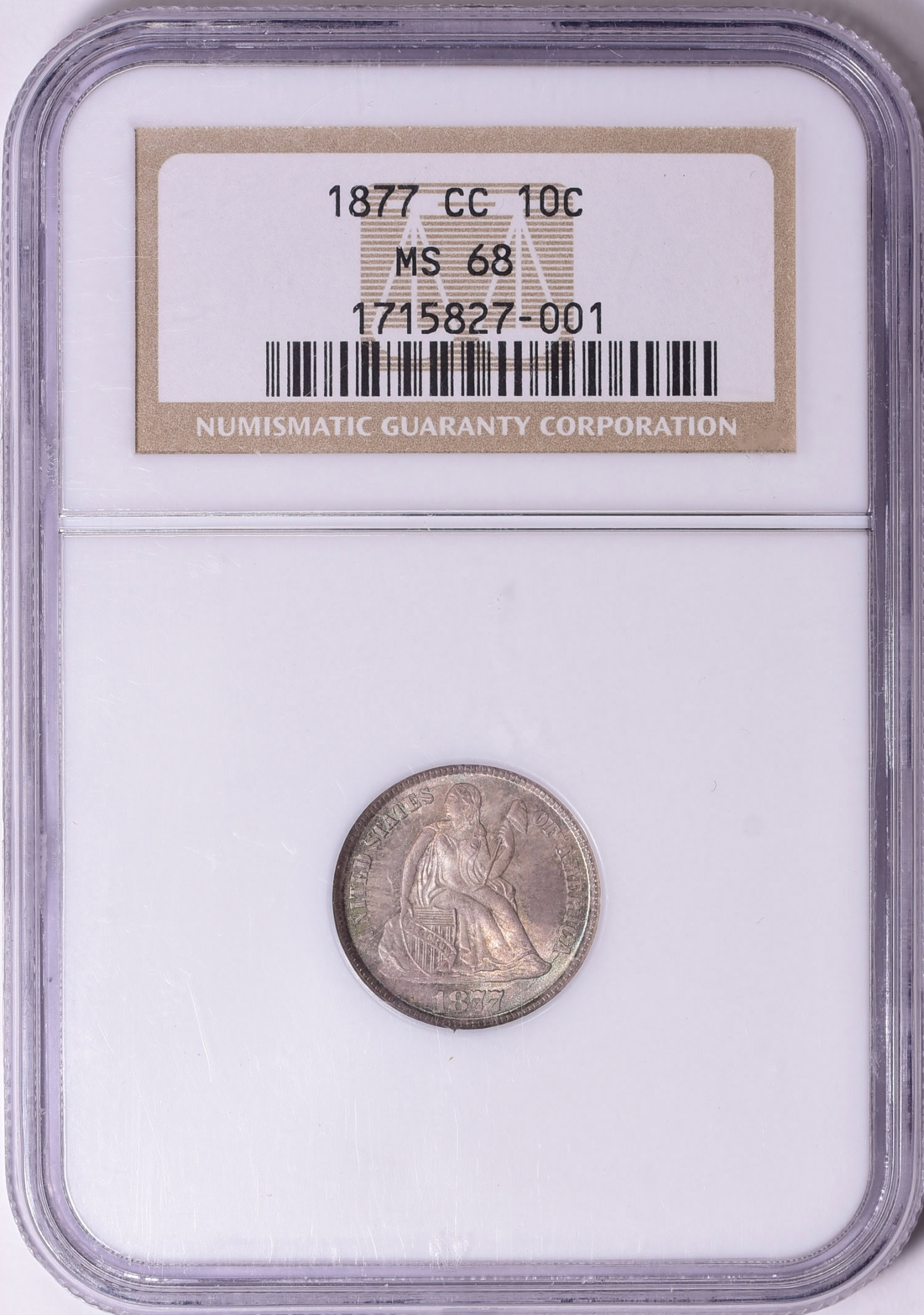 1877-CC Seated Liberty Dime NGC MS-68 (Toned) (Item 1666074) | GreatCollections Coin Auctions