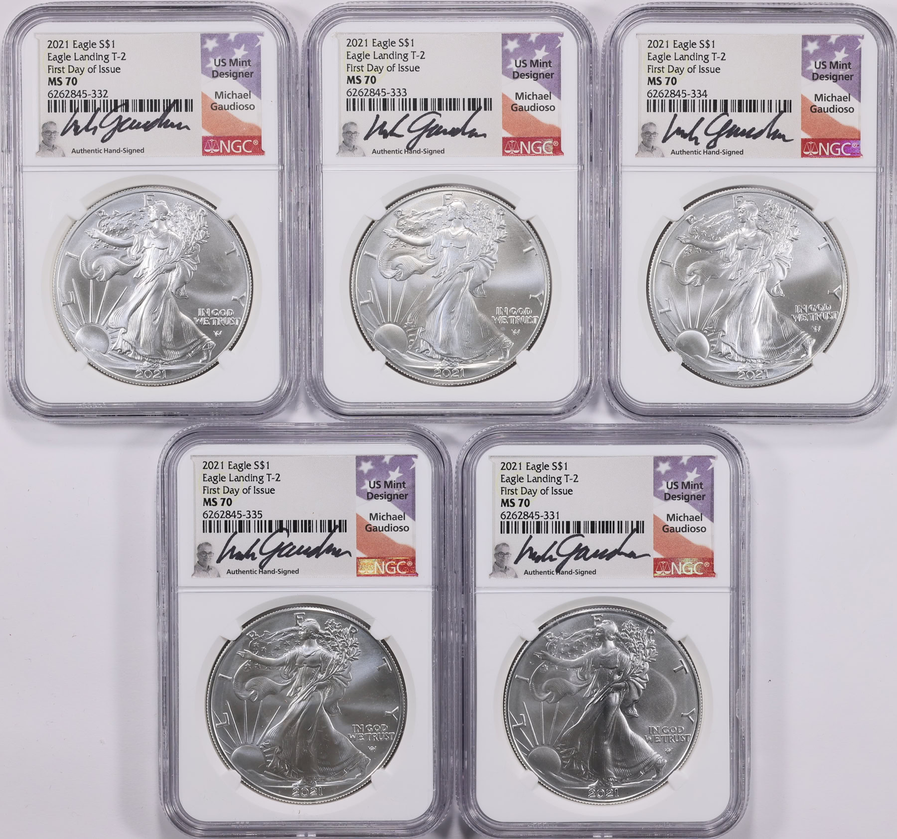 2021 $1 Silver Eagle Type 2 First Day of Issue NGC MS-70 (Michael Gaudioso Signed Label) (5 ...