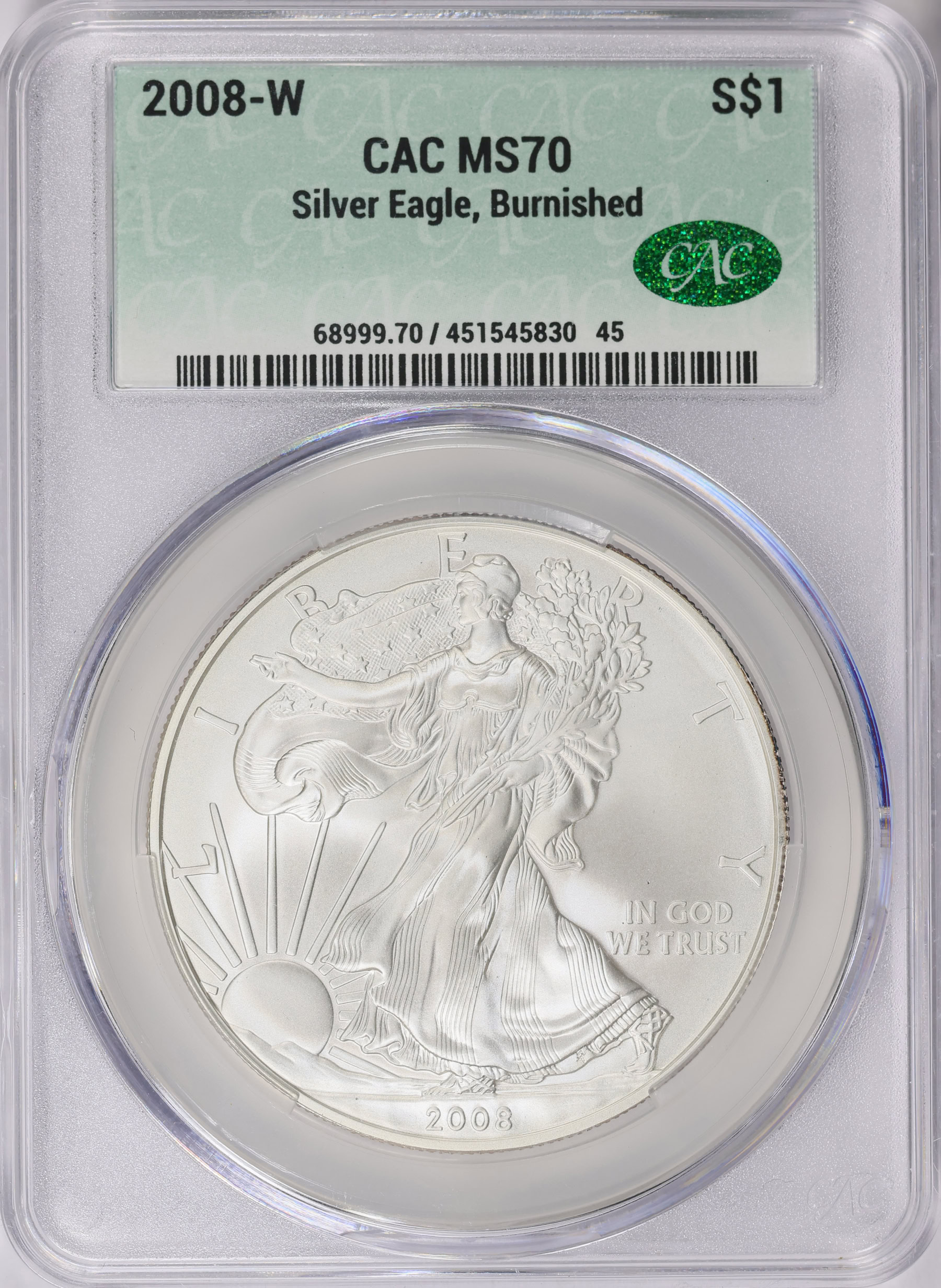 2008-W $1 Silver Eagle Burnished CACG MS-70 (Item 1666546) | GreatCollections Coin Auctions