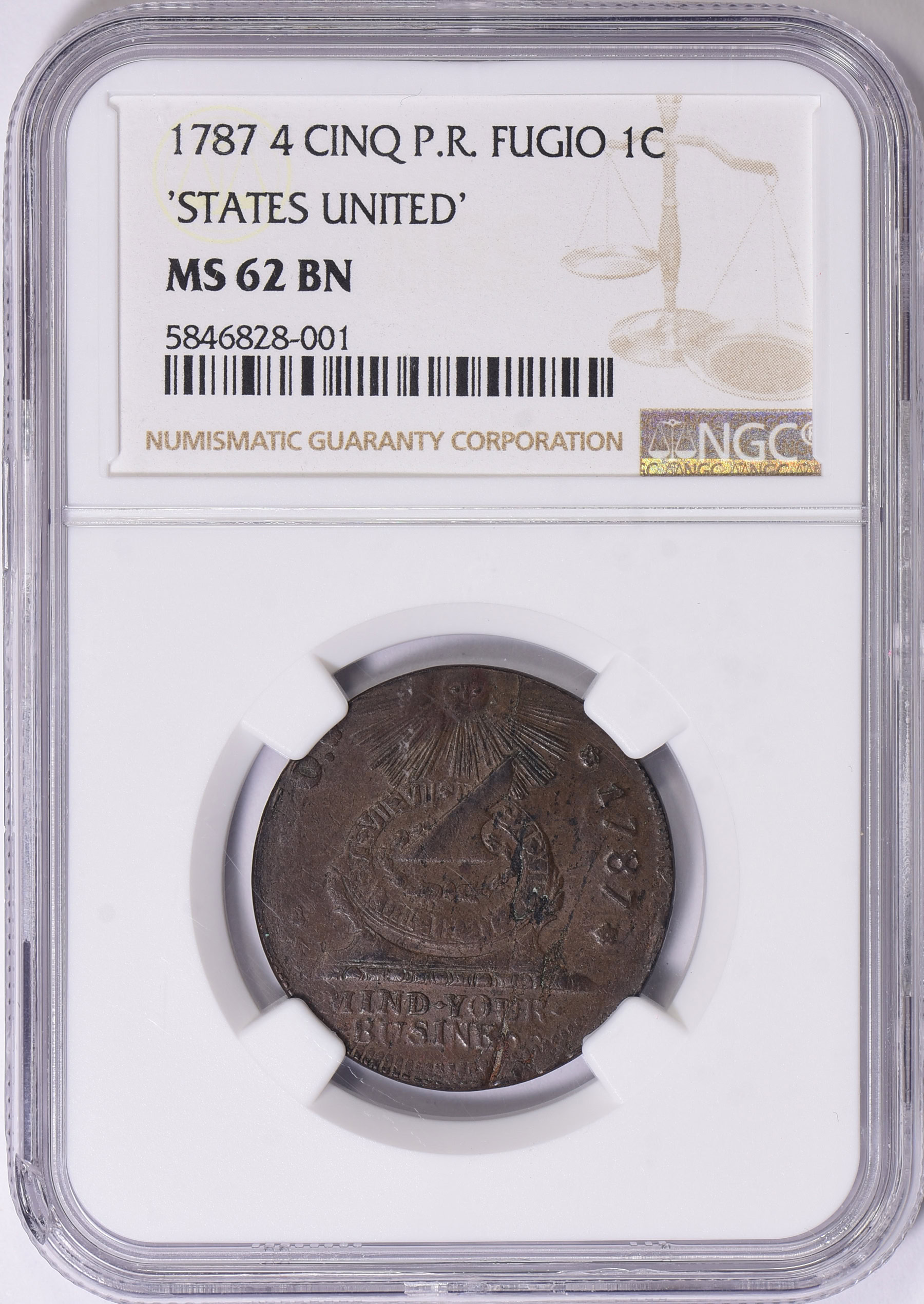 1787 Fugio Cent STATES UNITED, 4 Cinq NGC MS-62 BN (Item 1666721 ...