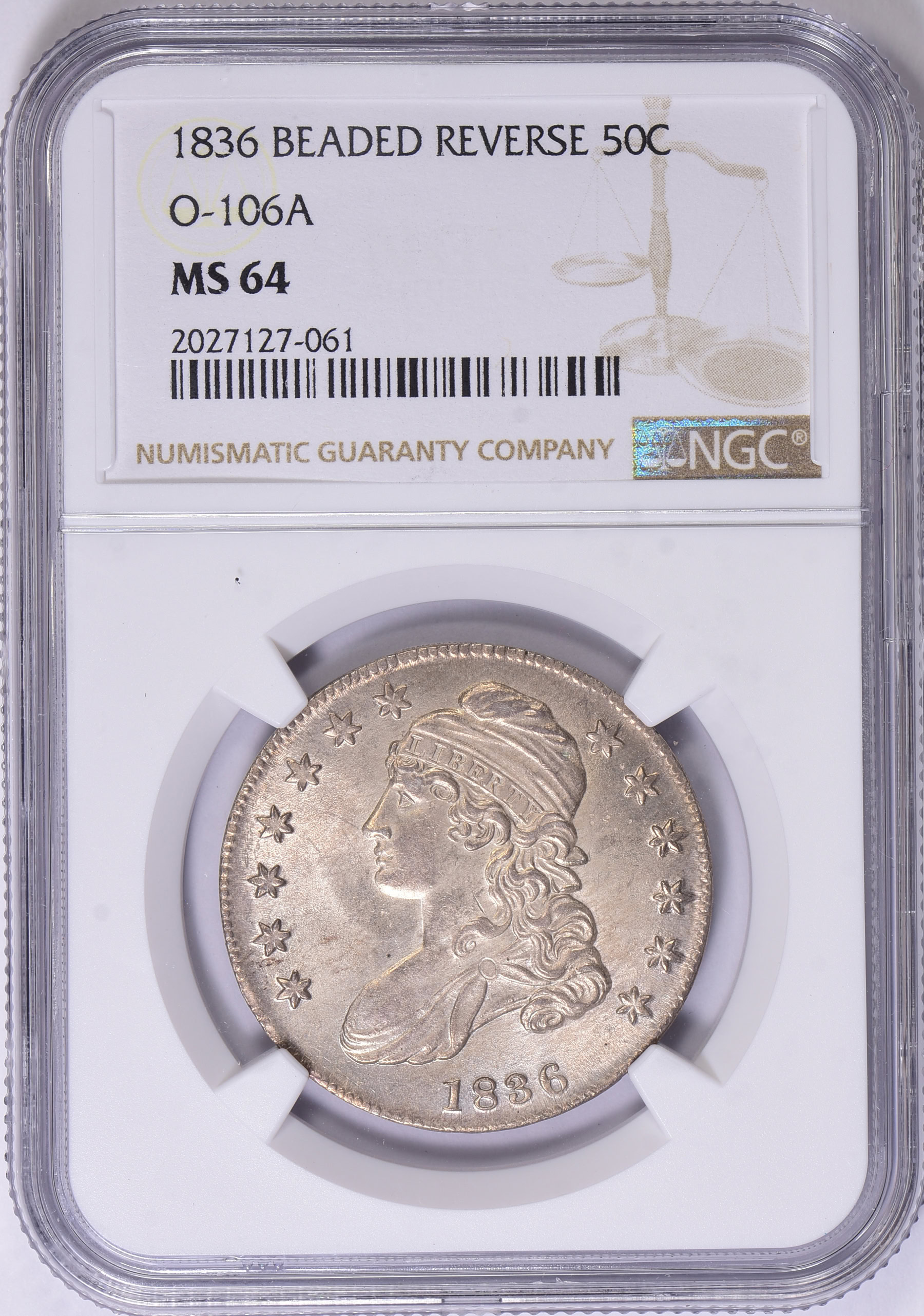 1836 Capped Bust Half Dollar Lettered Edge, Beaded Reverse Overton 106a ...