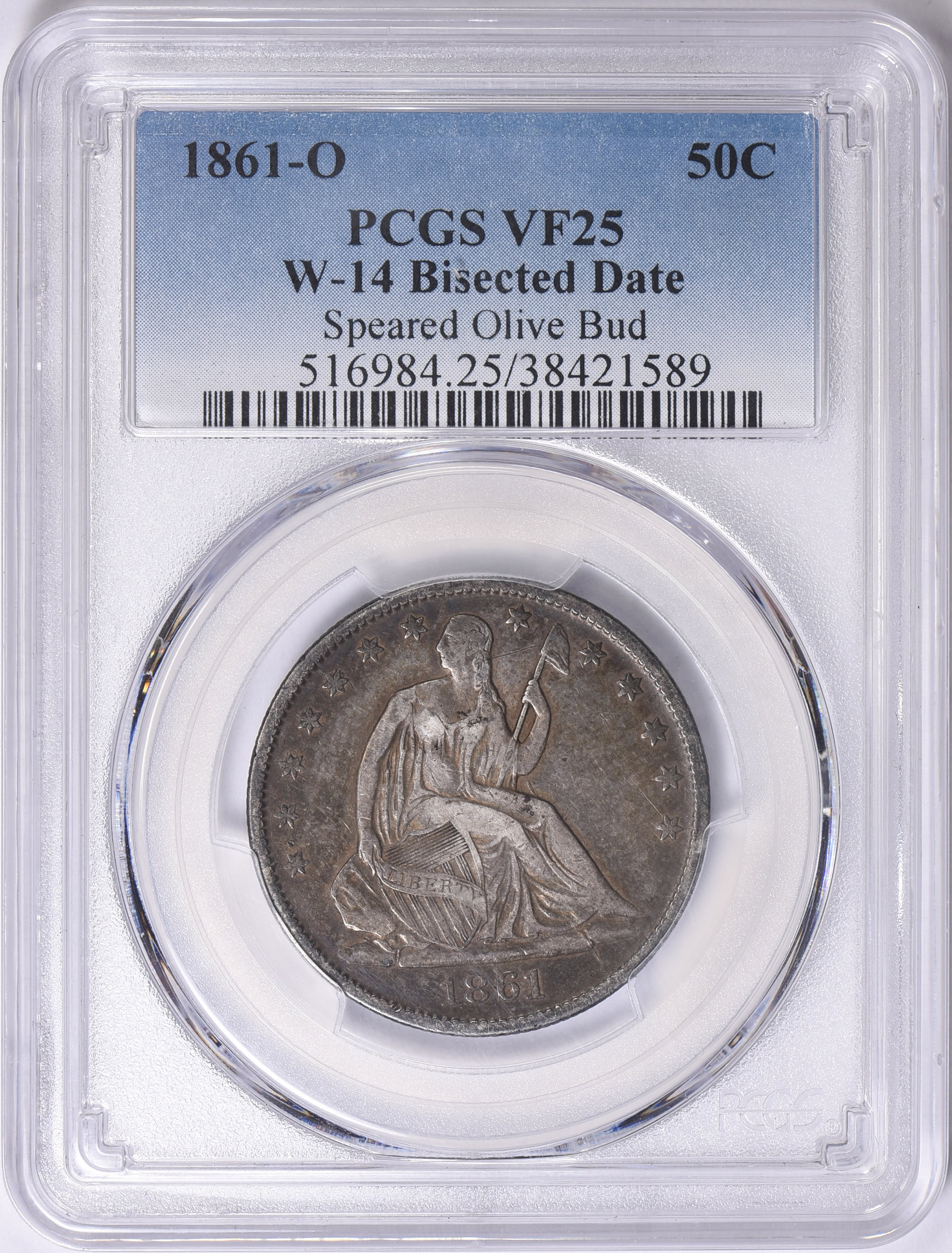 1861-O Seated Liberty Half Dollar Bisected Date, Speared Olive Bud W-14 PCGS VF-25 (Item 1666775 ...