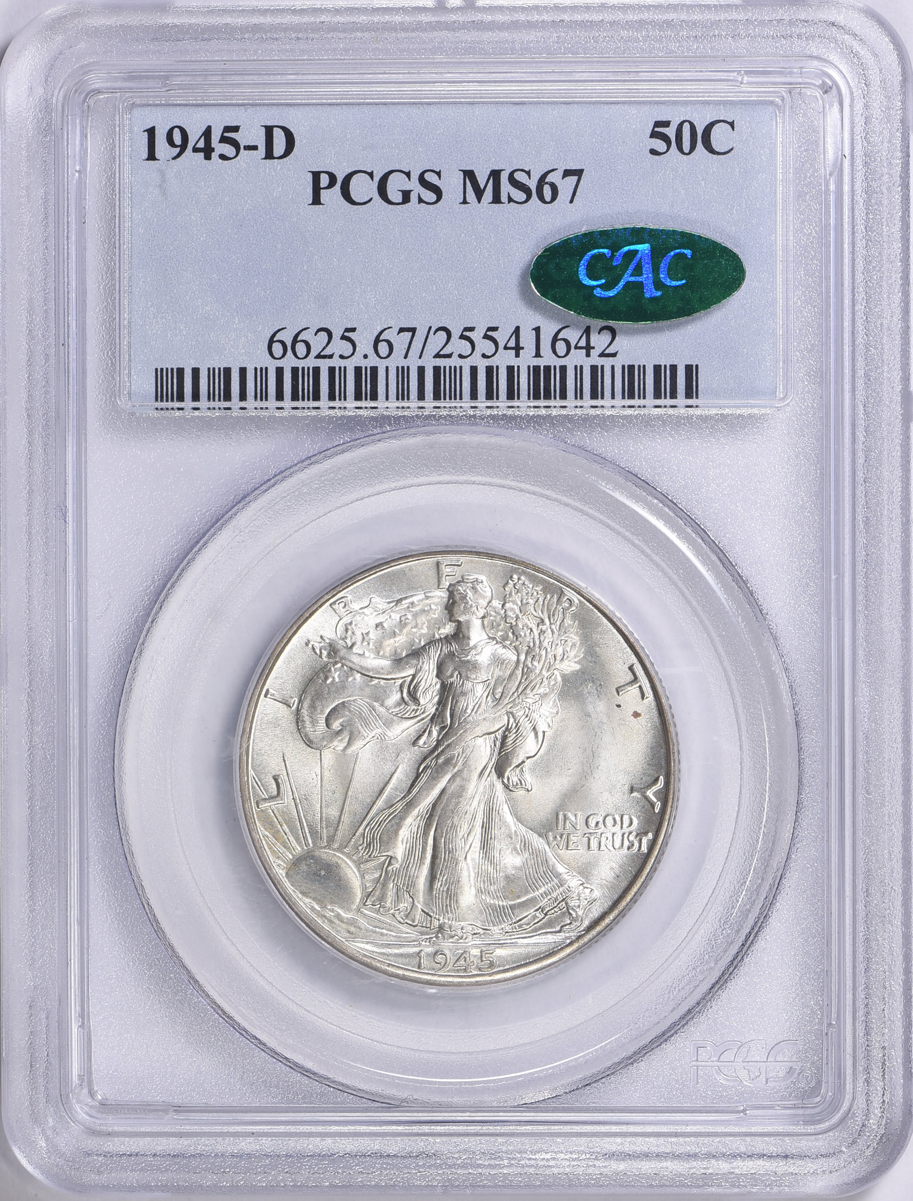 1945-D Walking Liberty Half Dollar PCGS MS-67 (CAC Green) (Item 1666821) | GreatCollections Coin ...
