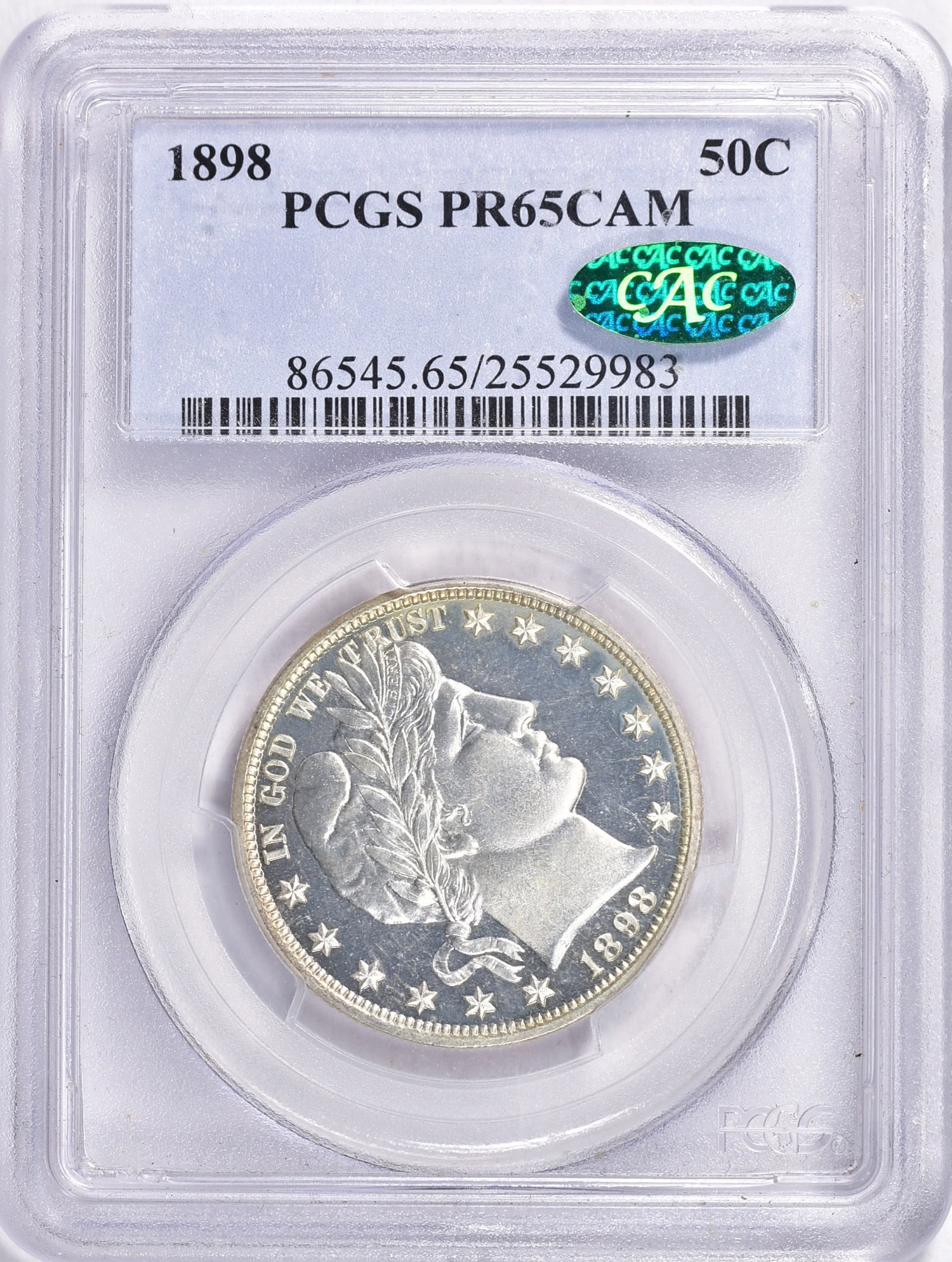 1898 Barber Half Dollar PCGS Proof-65 CAMEO (CAC Green) (Item 1666911) | GreatCollections Coin ...
