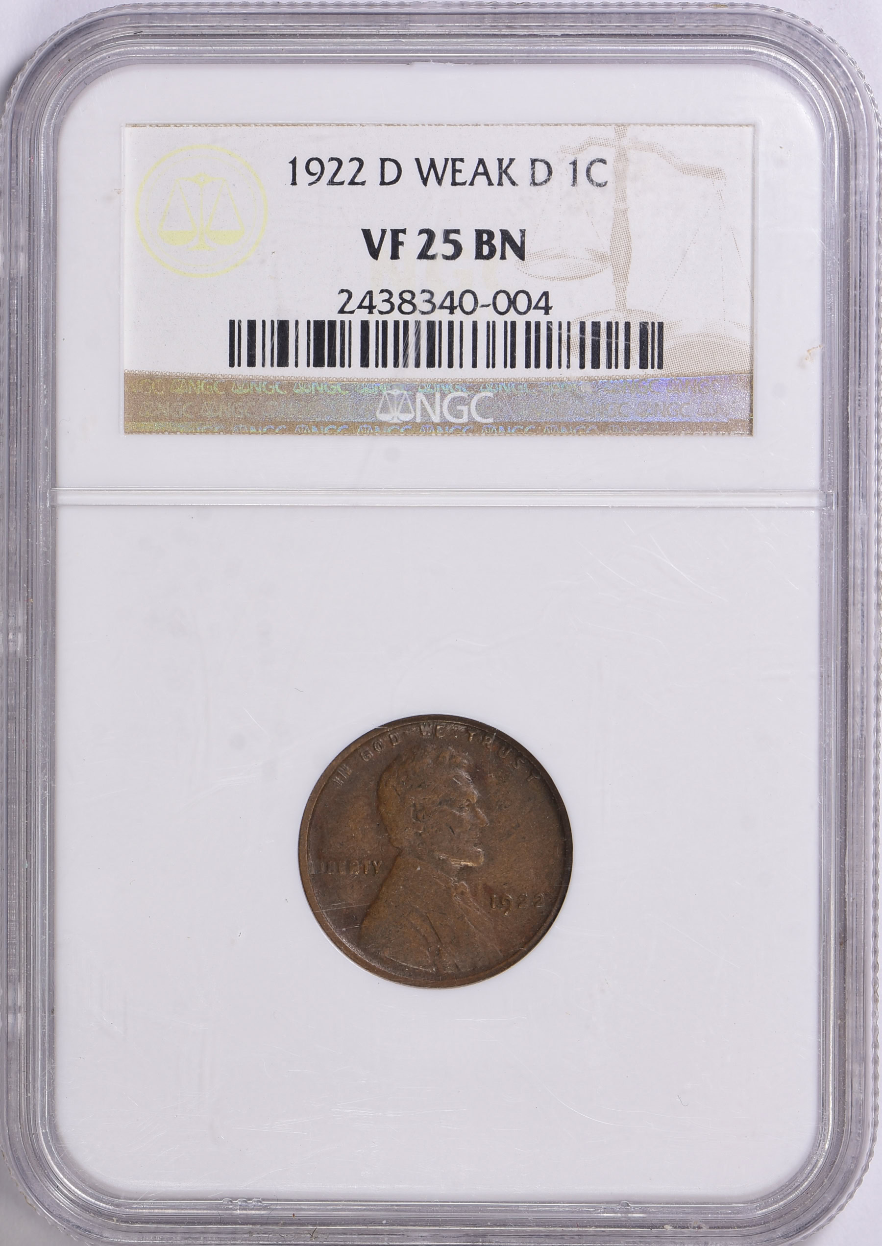 1922-D Lincoln Cent Weak D NGC VF-25 BN (Item 1666946) | GreatCollections Coin Auctions