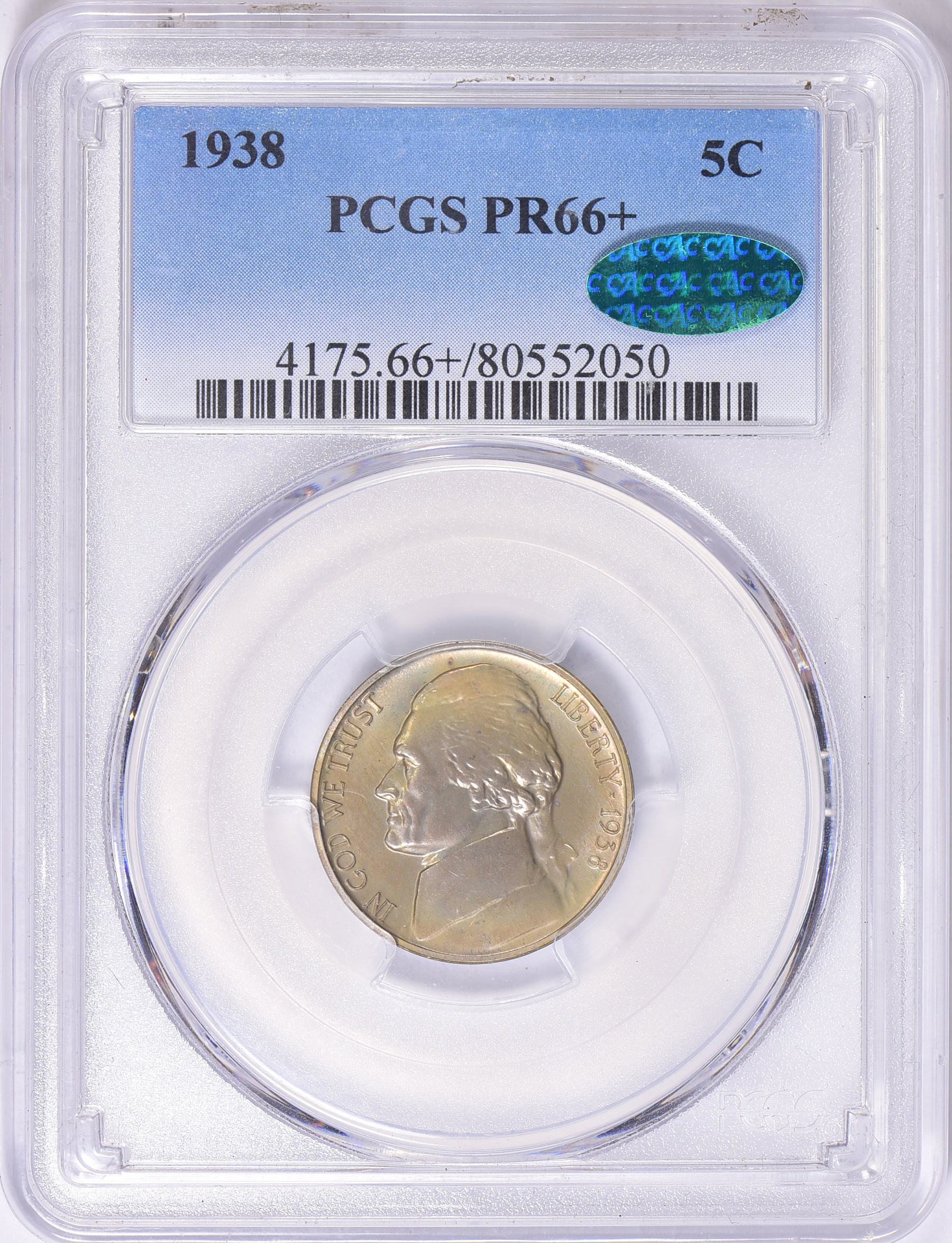 1938 Jefferson Nickel PCGS Proof-66+ (CAC Green) (Item 1666955 ...