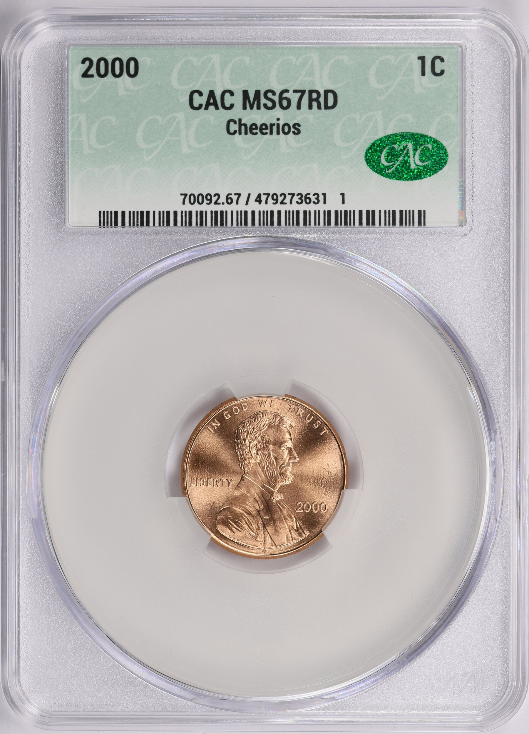 2000 Lincoln Cent "Cheerios" Cent CACG MS-67 RD (With Original Cheerios ...