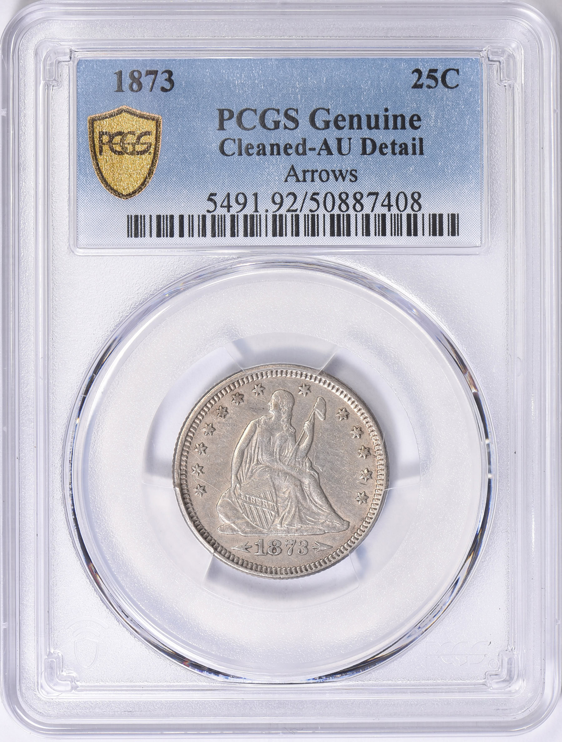 1873 Seated Liberty Quarter Arrows PCGS Genuine AU Details (Item 1667128) | GreatCollections ...