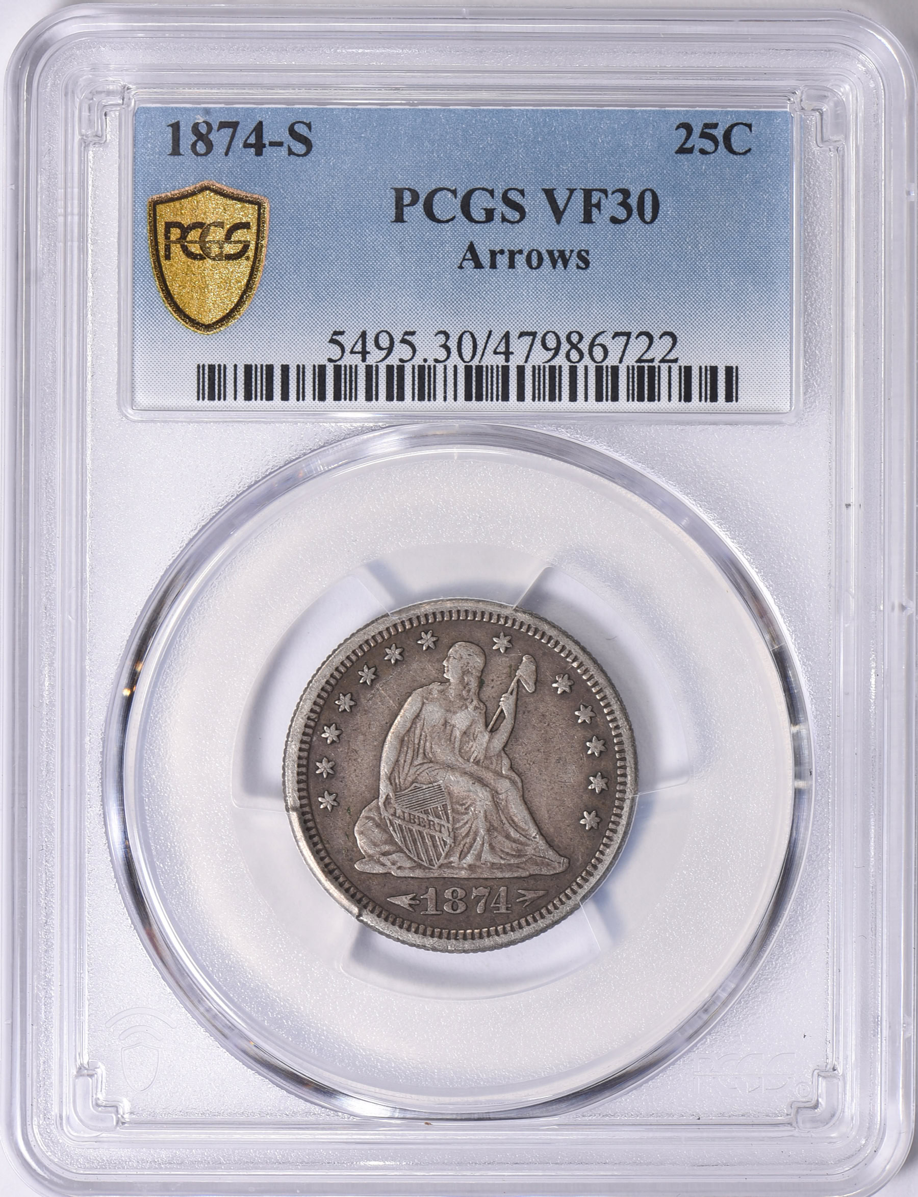 1874-S Seated Liberty Quarter Arrows PCGS VF-30 (Item 1667130) | GreatCollections Coin Auctions