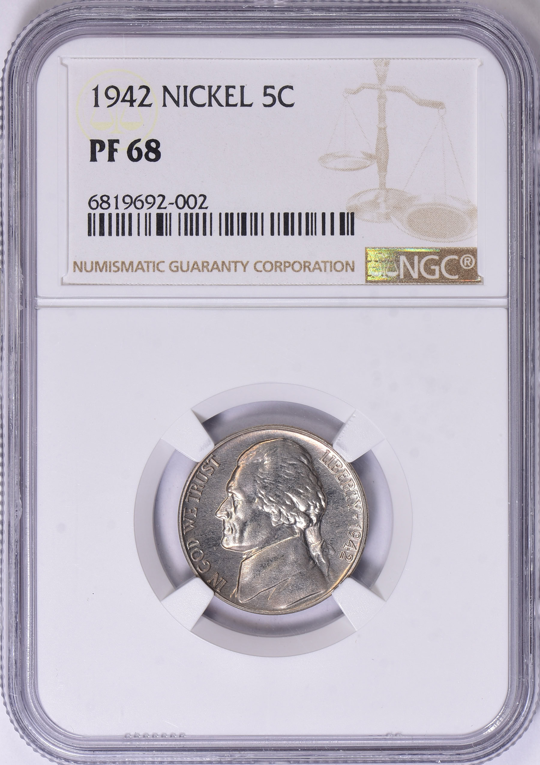 1942 Jefferson Nickel Type 1 NGC Proof-68 (Toned) (Item 1667162) | GreatCollections Coin Auctions