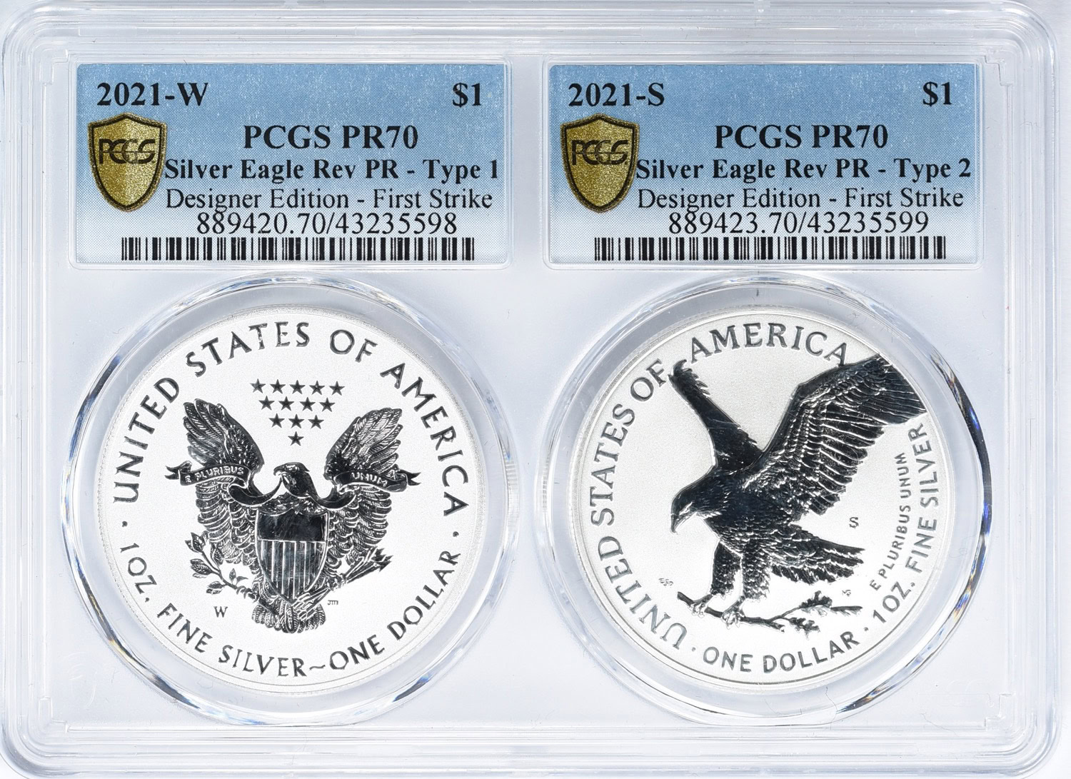 2021-W and 2021-S $1 Silver Eagle Reverse Proof Type 1 and 2 - Designer Edition First Strike ...