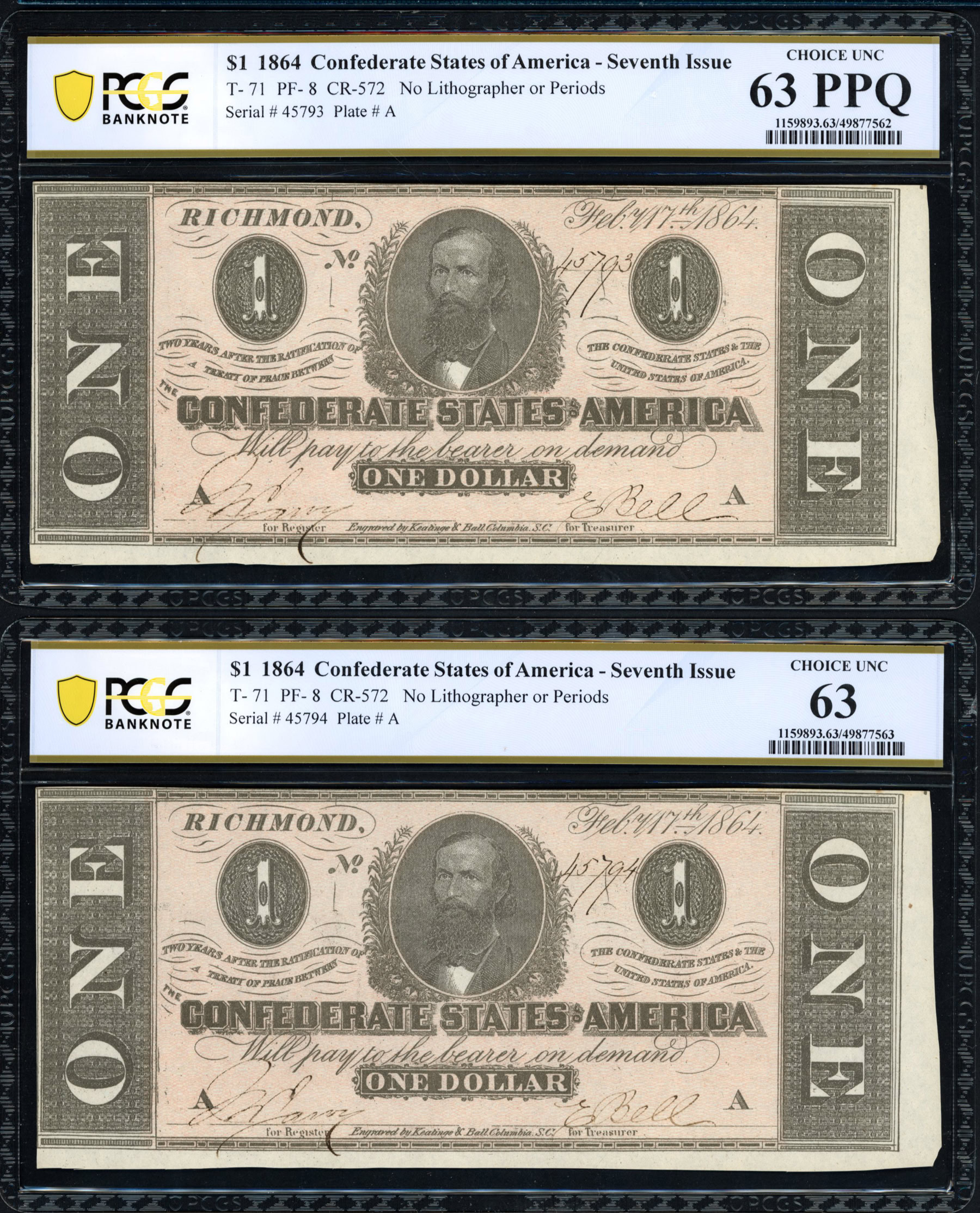 T-71 Confederate States of America 1864 $1 Notes Sequential Serial ...