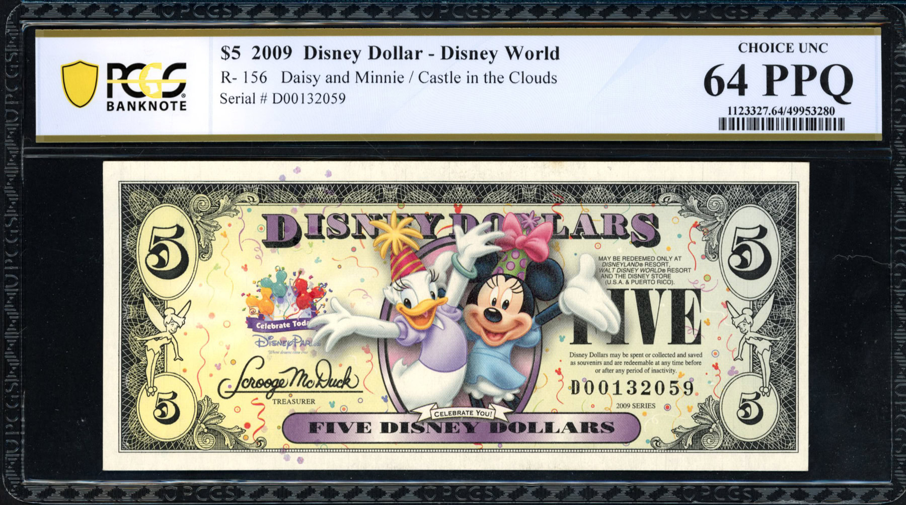 2009 Disney World $5 Disney Dollar Note Daisy & Minnie / Cinderella's ...