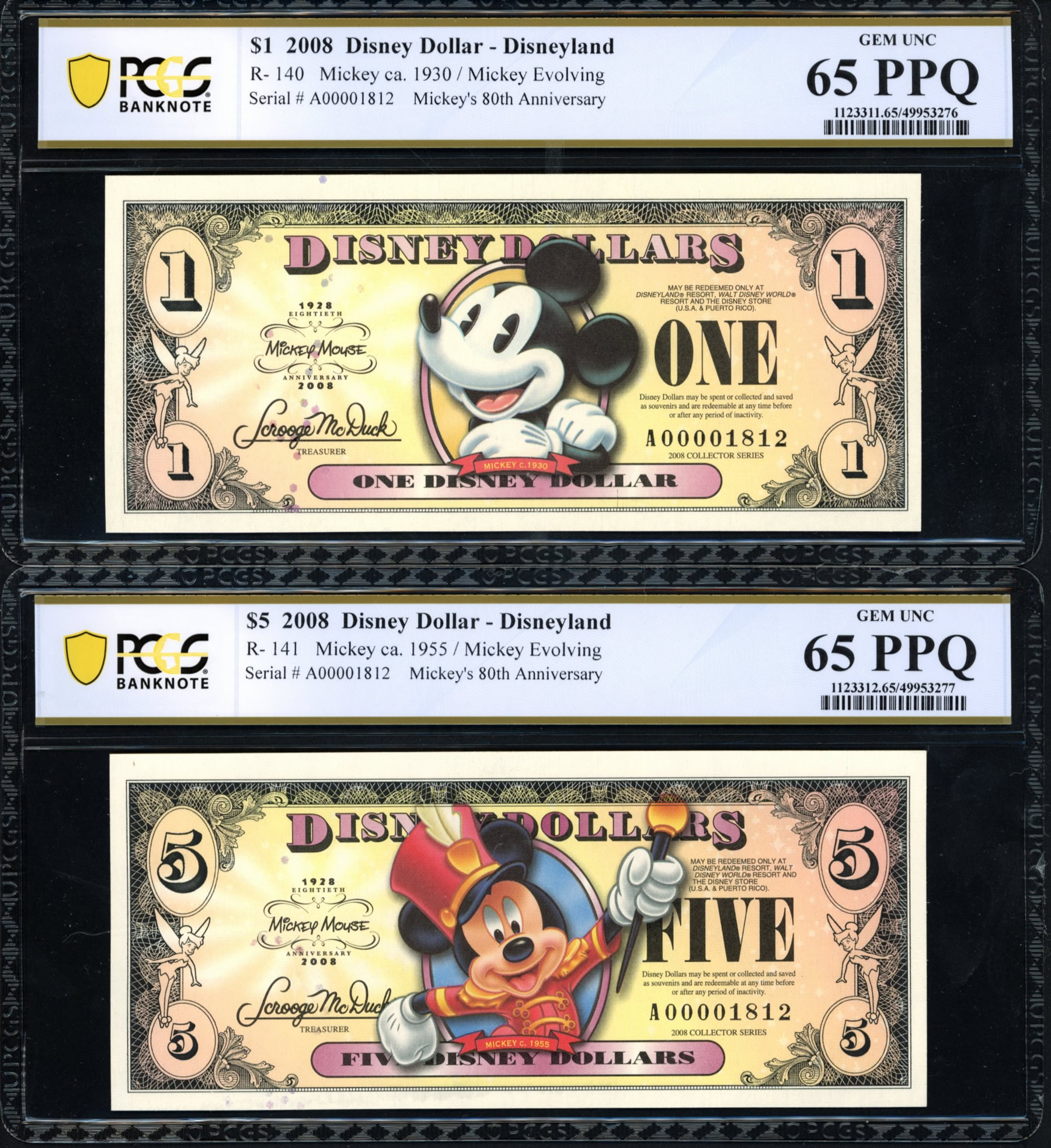 2008 Disneyland $1, $5 & $10 Disney Dollar Notes Mickey 80th ...