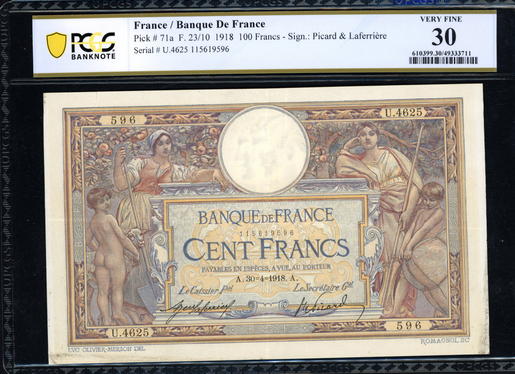 France 1918 100 Francs Banque de France Note SCWPM-71a Picard ...