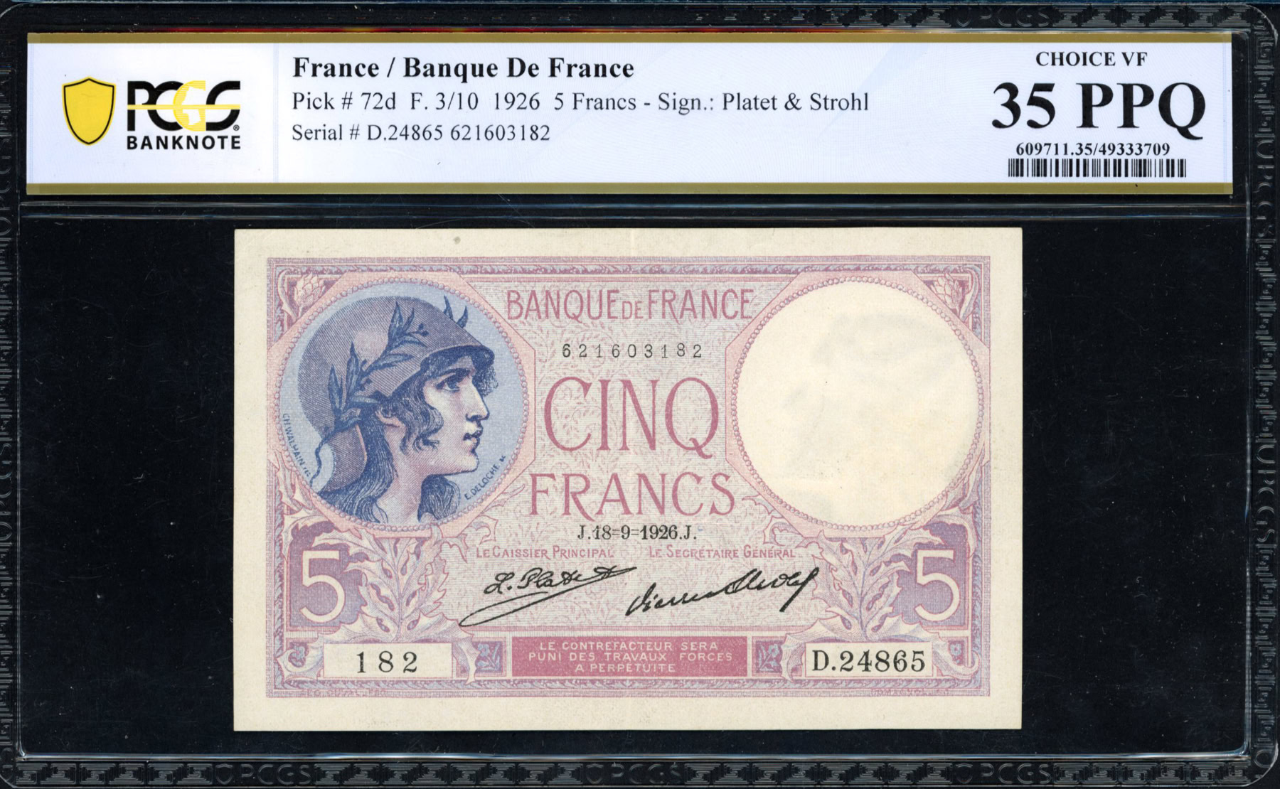 France 1926 5 France Banque de France Note SCWPM-72d Platet / Strohl ...