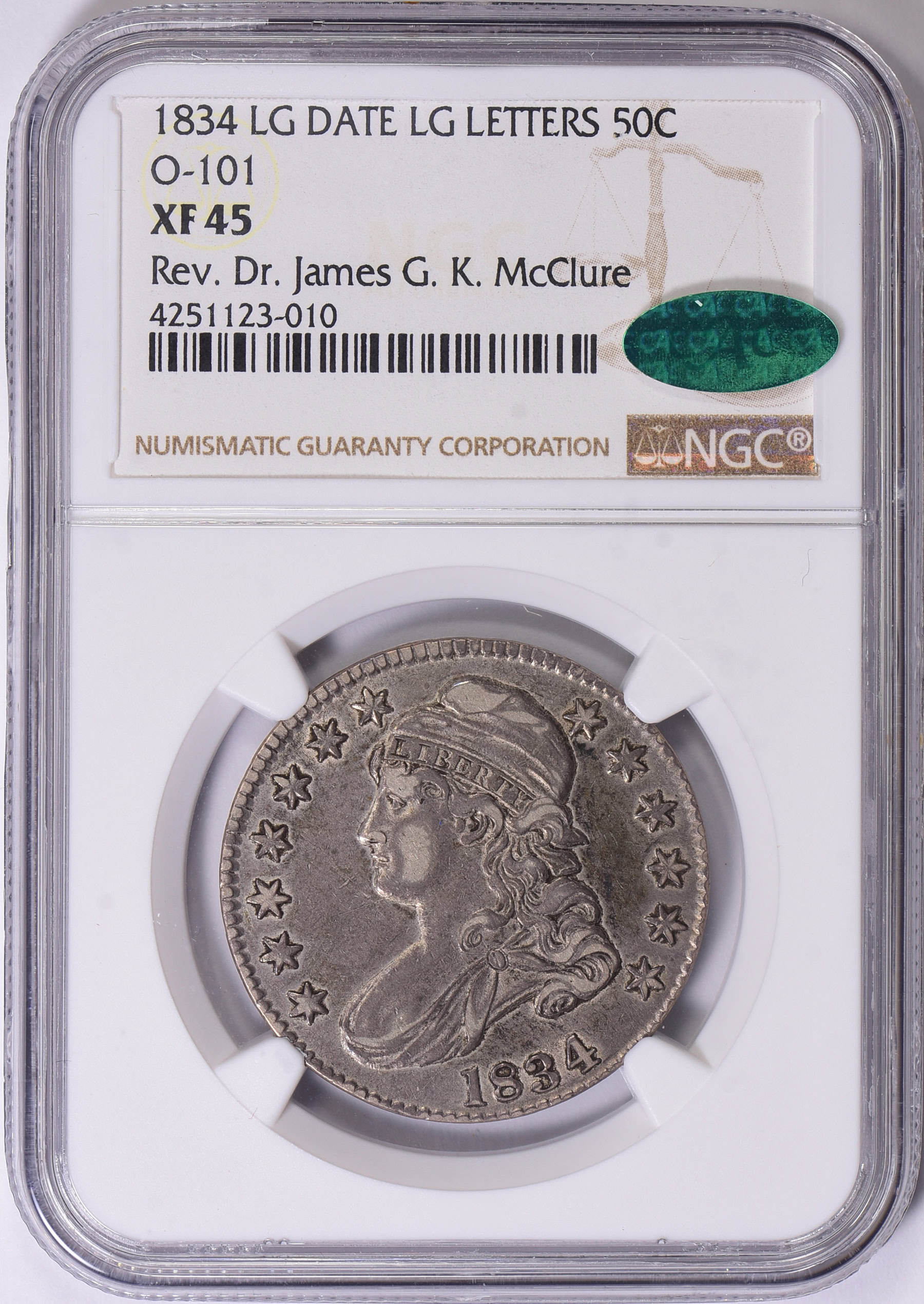1834 Capped Bust Half Dollar Large Date, Large Letters O-101 NGC XF-45 (CAC Green) (Ex: Rev. Dr ...