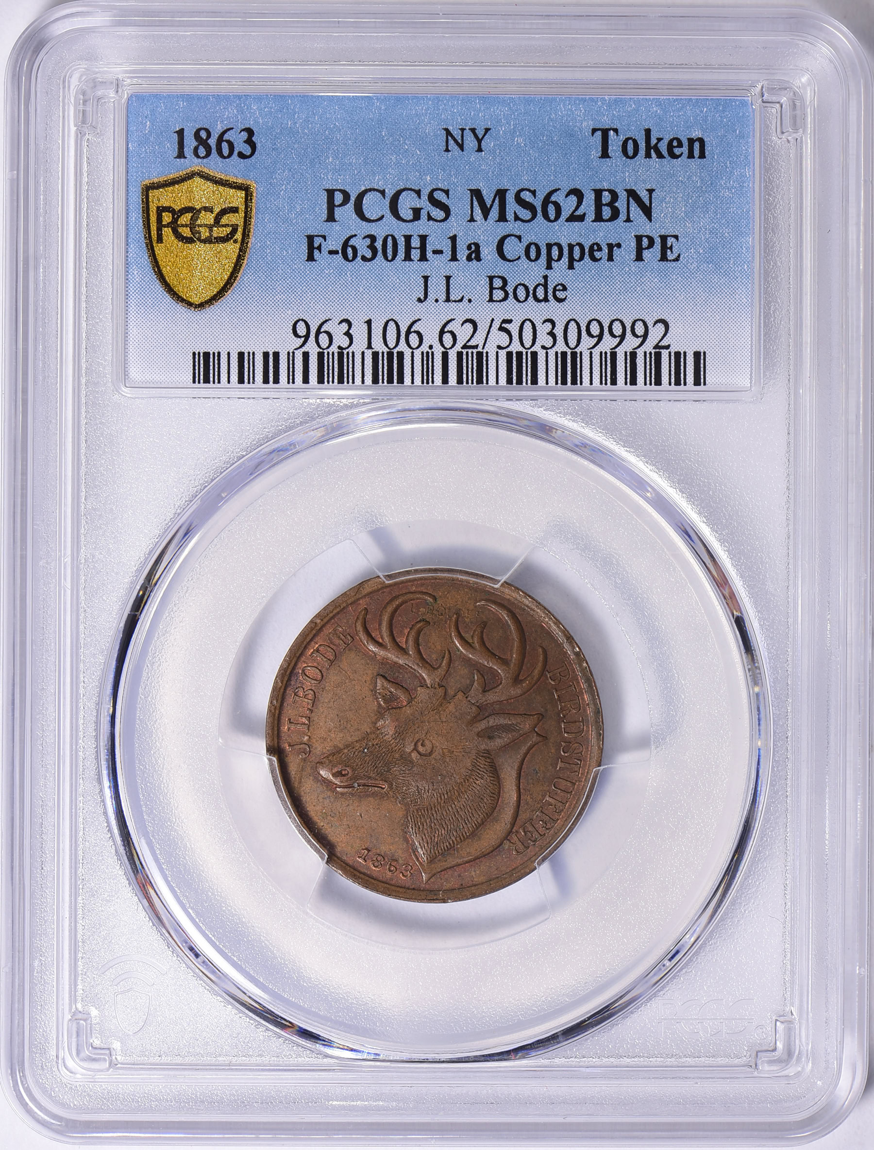 1863 New York City, New York J.L. Bode Civil War Token F-630H-1a PCGS ...