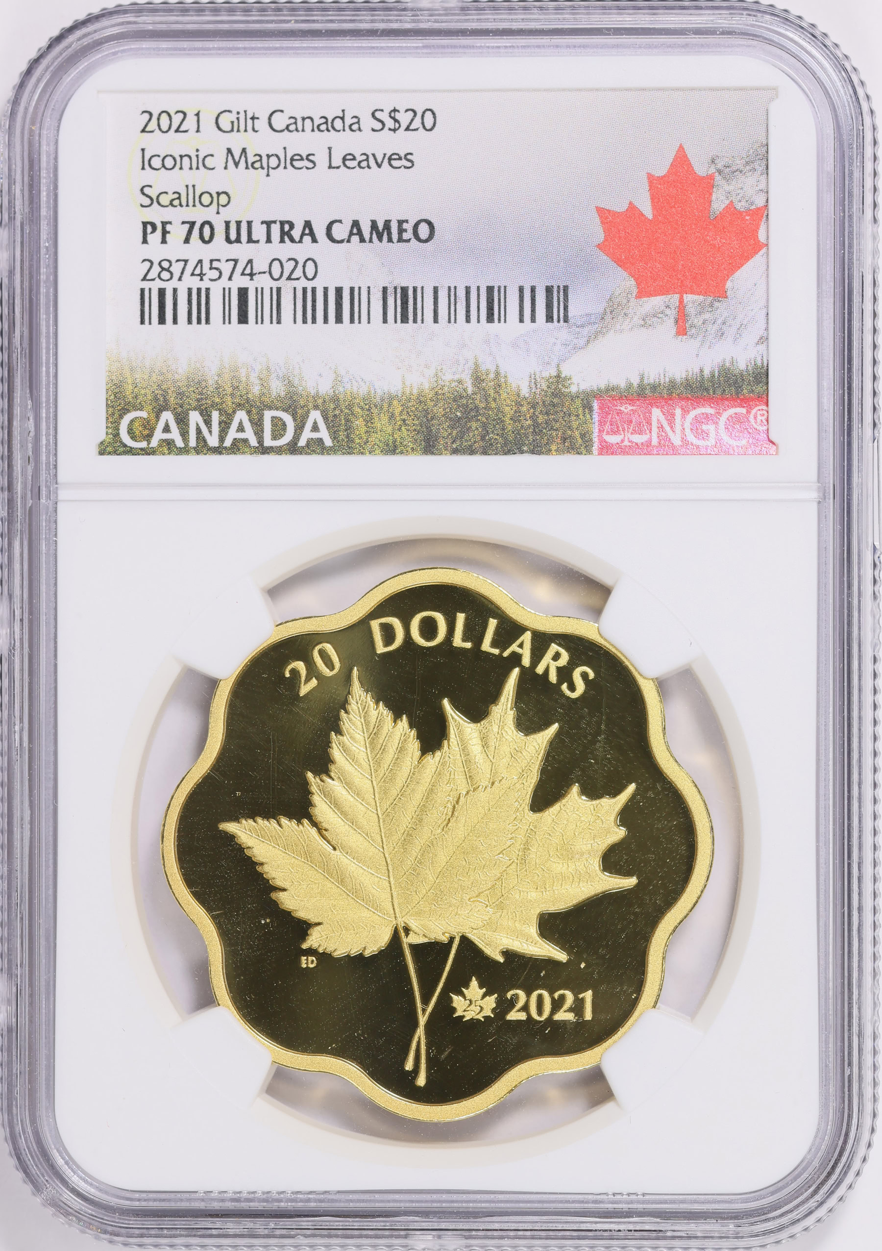 Canada 2021 Gilt Silver $20 Iconic Maple Leaves Scallop Edge NGC Proof ...