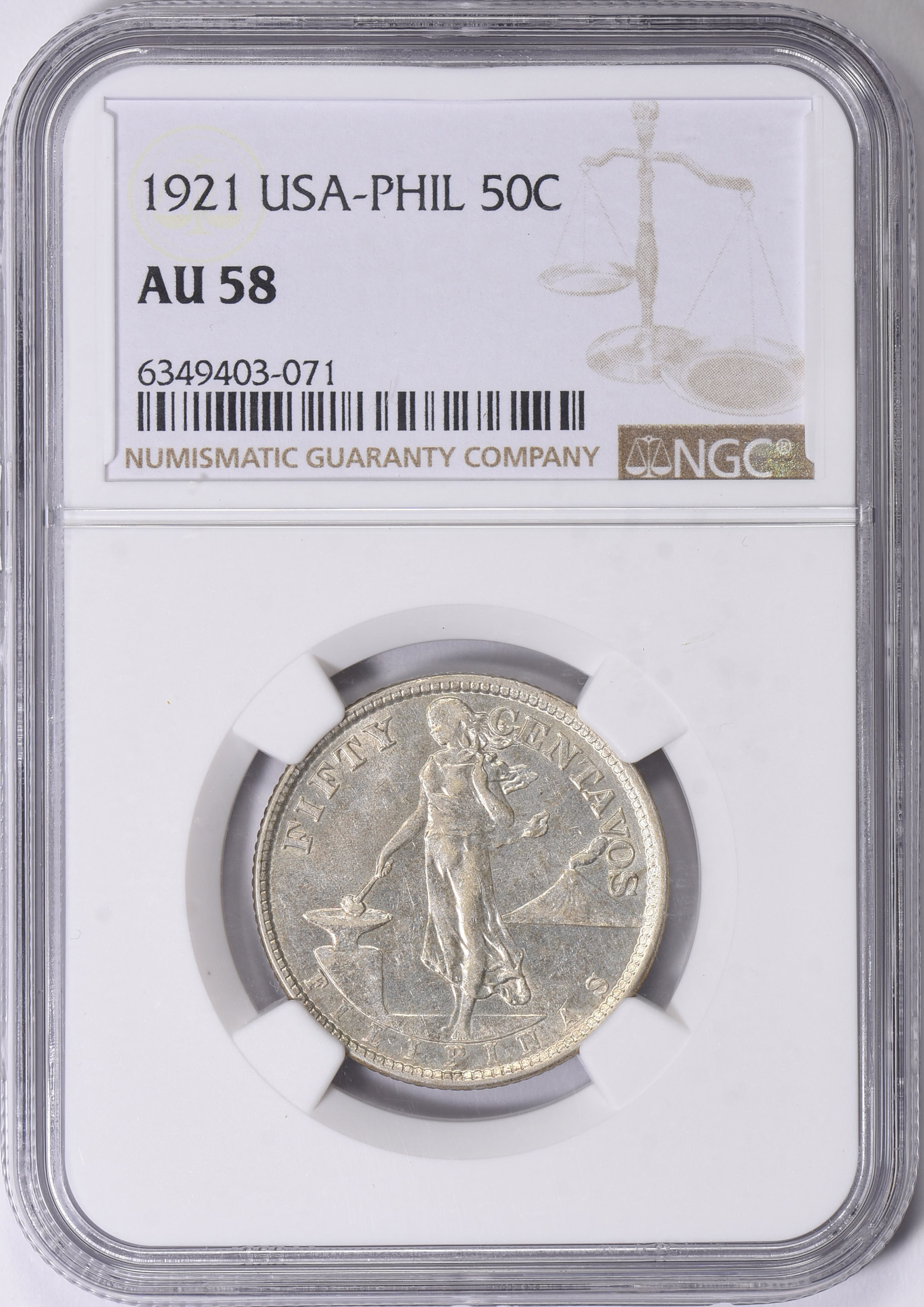 1921 U.S. Philippines Fifty Centavos NGC AU-58 (Item 1668639) | GreatCollections Coin Auctions