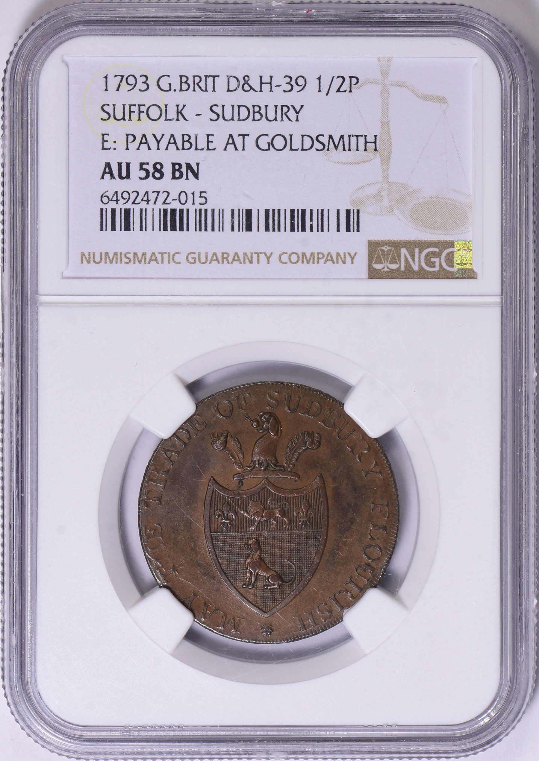 Great Britain - Suffolk, Sudbury 1793 1/2 Penny Token NGC AU-58 BN ...