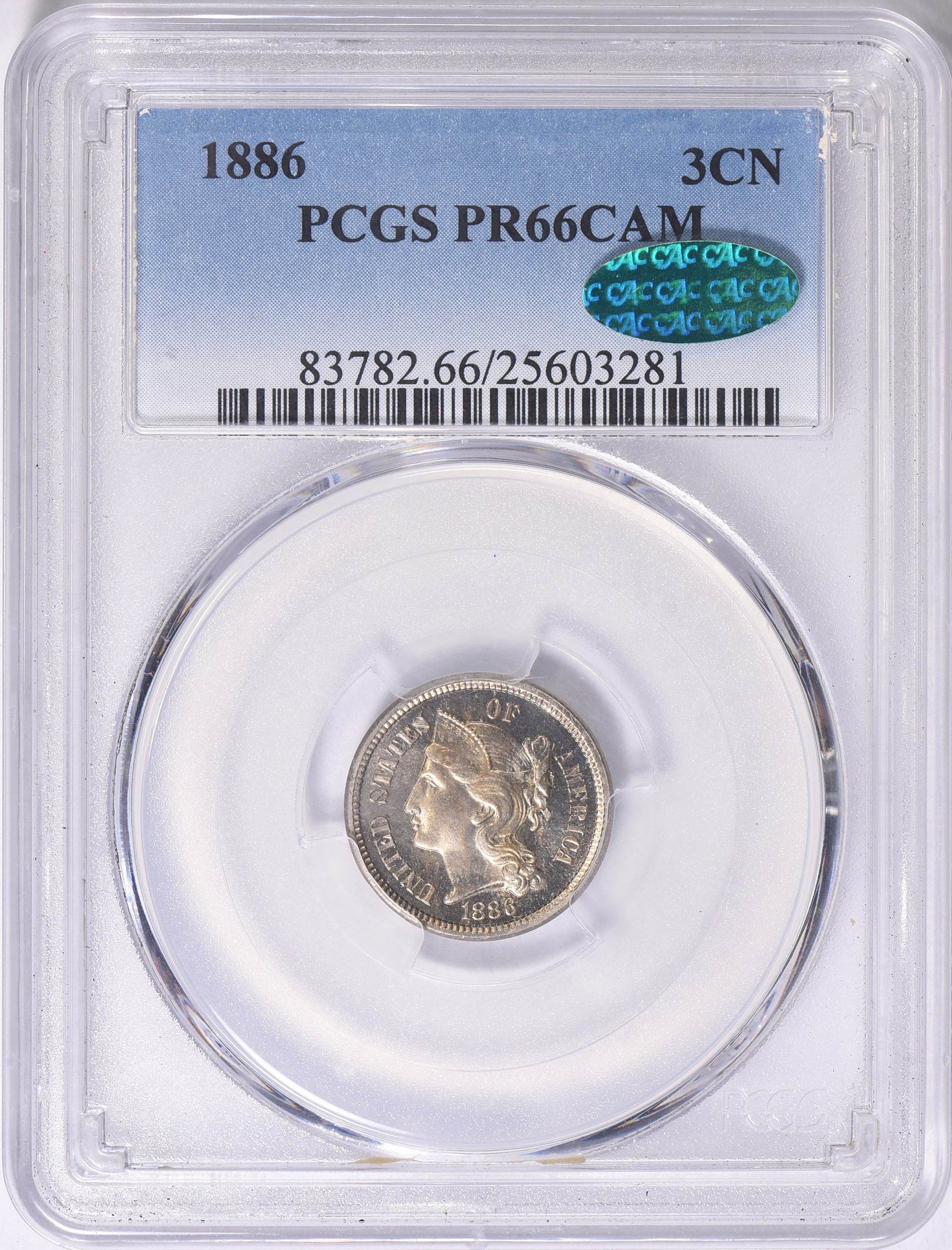 1886 Nickel Three-Cent Piece PCGS Proof-66 CAMEO (CAC Green) (Item ...