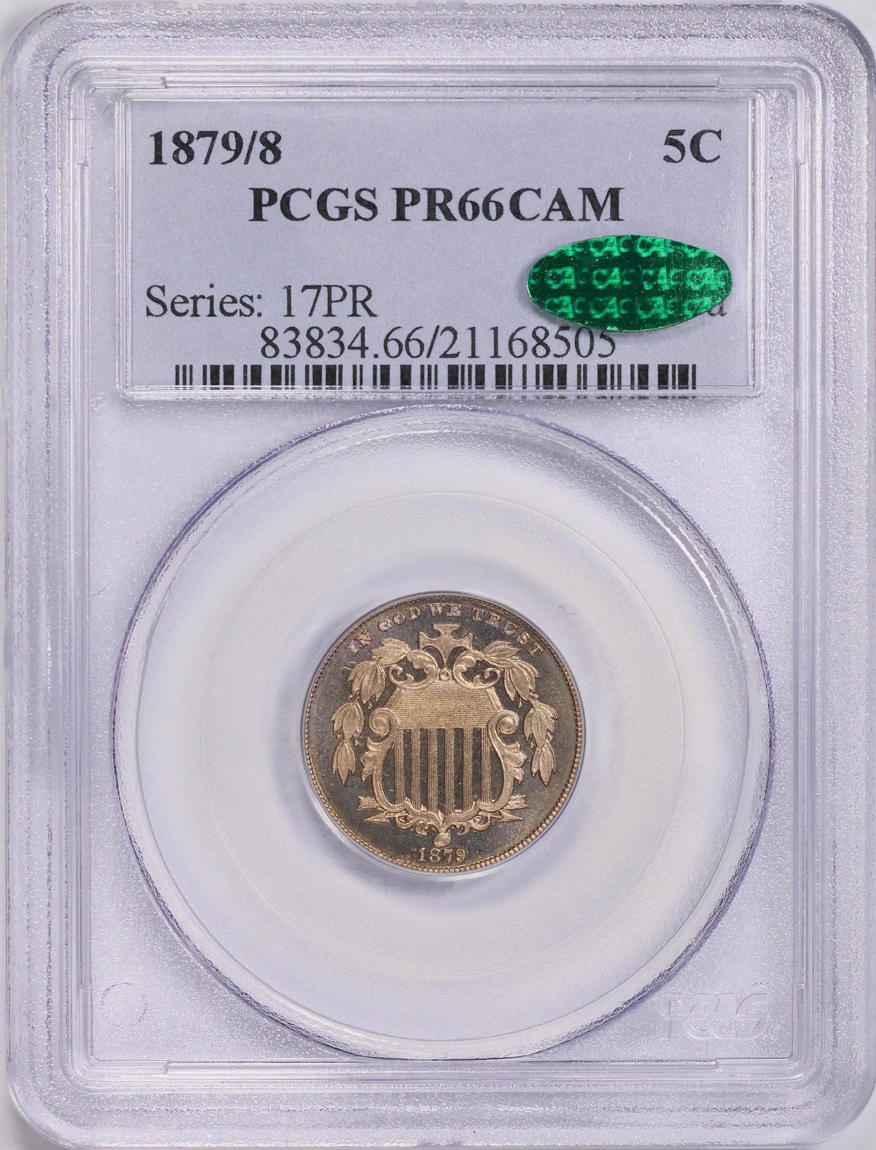 1879/8 Shield Nickel PCGS Proof-66 CAMEO (CAC Green) (Item 1669364) | GreatCollections Coin Auctions