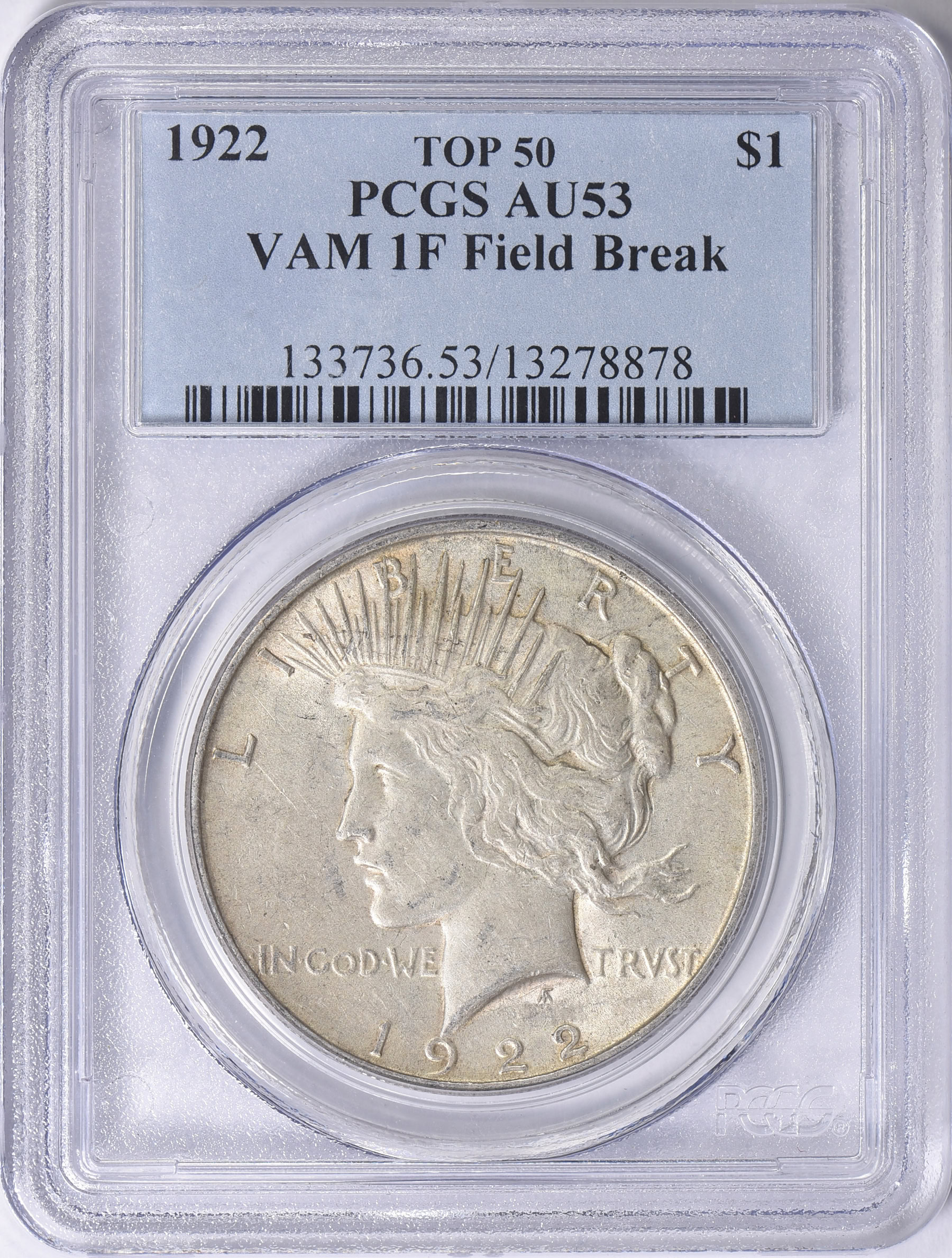 1922 Peace Silver Dollar Field Break VAM-1F Top 50 PCGS AU-53 (Item ...