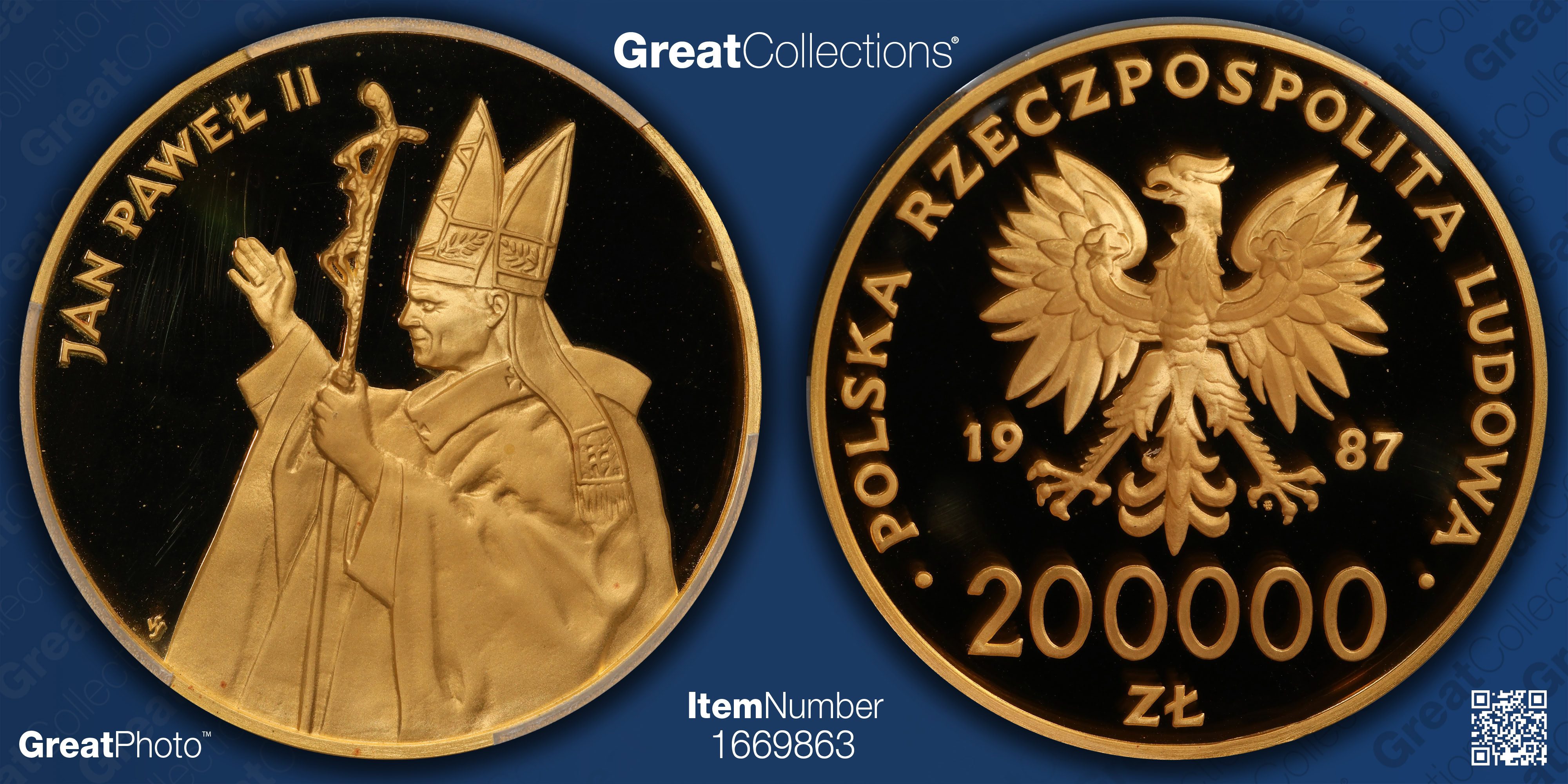 Poland 1987 Gold 200,000 Zlotych Visit of Pope John Paul II to America ...