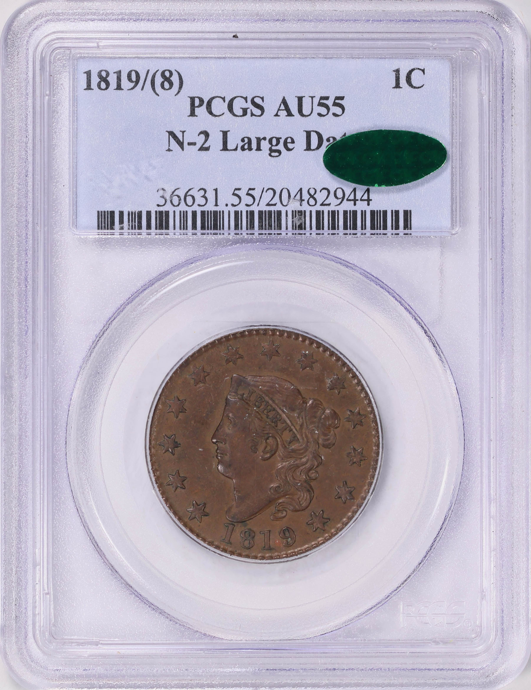 1819/(8) Matron Cent N-2 Large Date PCGS AU-55 BN (CAC Green) (Item 1669911) | GreatCollections ...