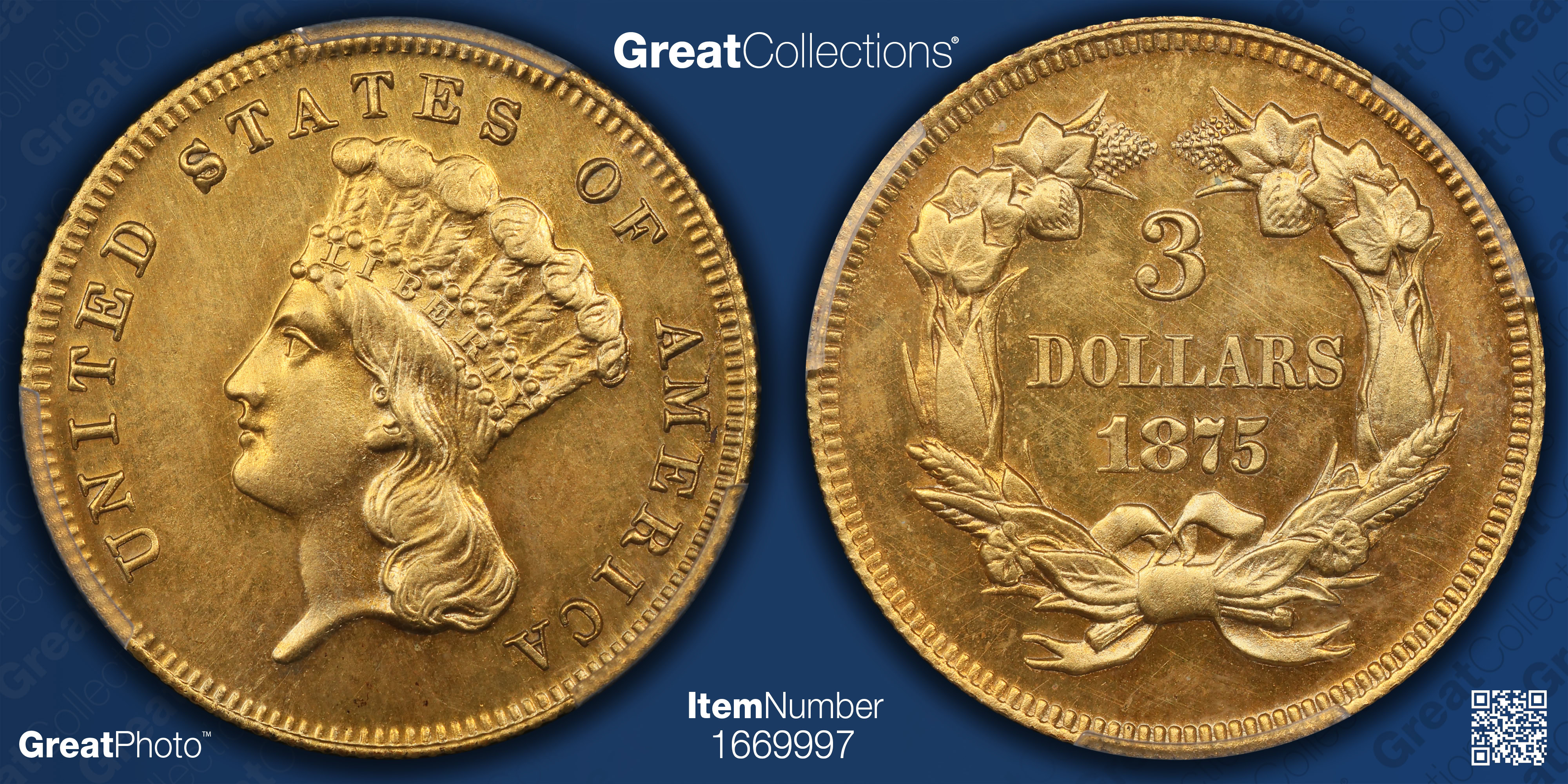 Pattern 1875 $3 J-1436 Gilt PCGS Proof-64 (CAC Green) (Item 1669997 ...