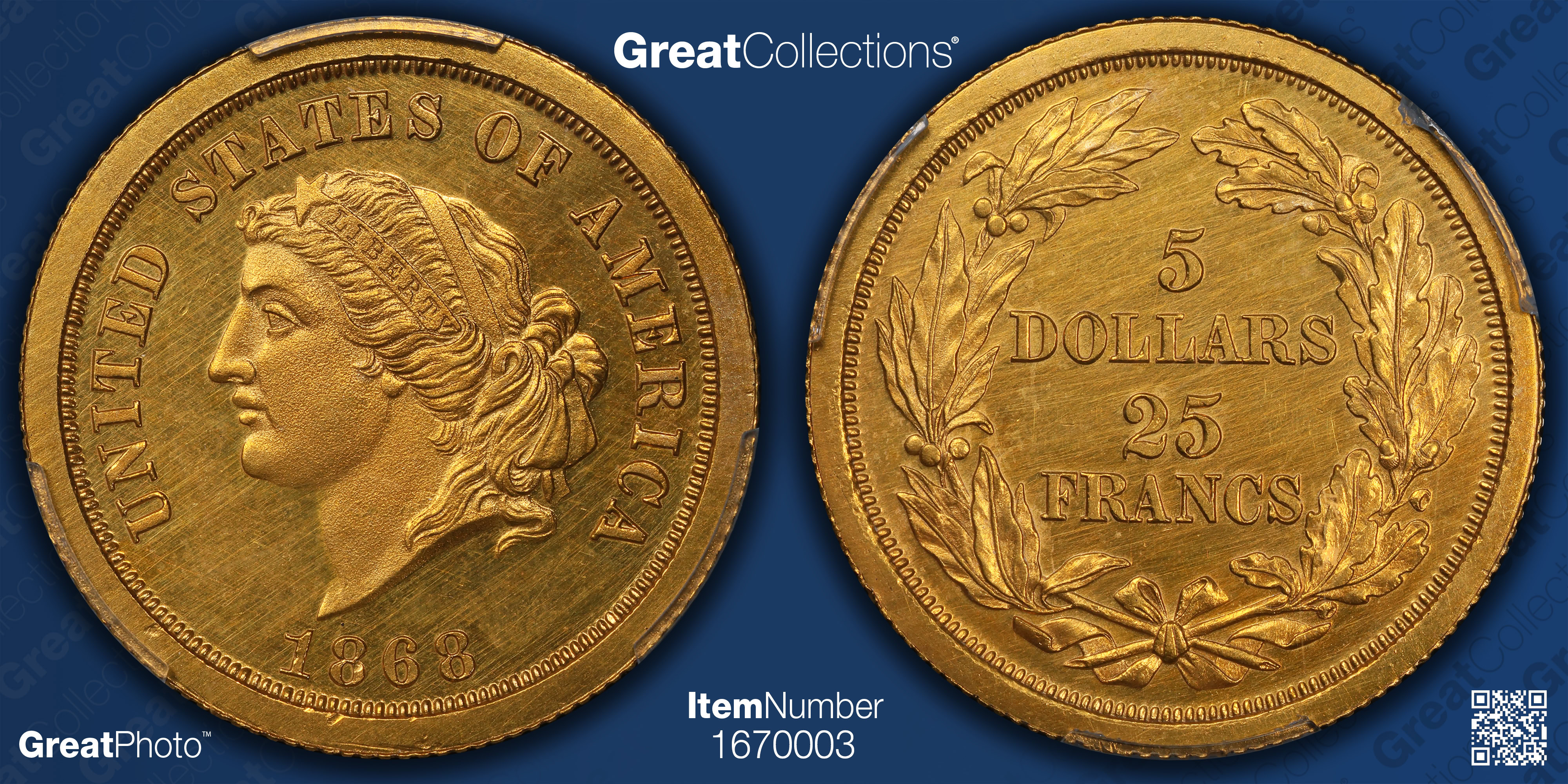 Pattern 1868 $5 J-656 Gilt PCGS Proof-64 (Item 1670003 ...