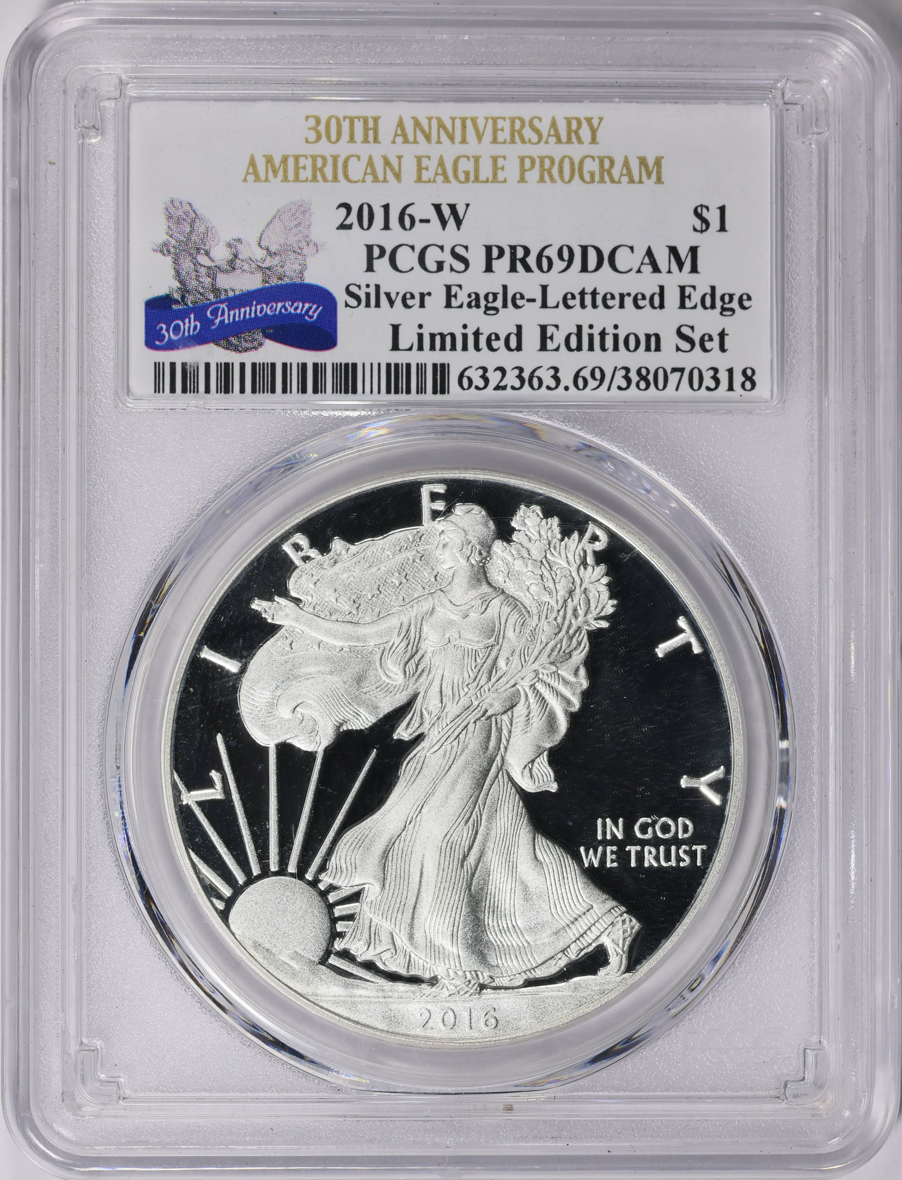 2016-W $1 Silver Eagle 30th Anniversary - Lettered Edge (From Limited Edition Set) PCGS Proof-69 ...