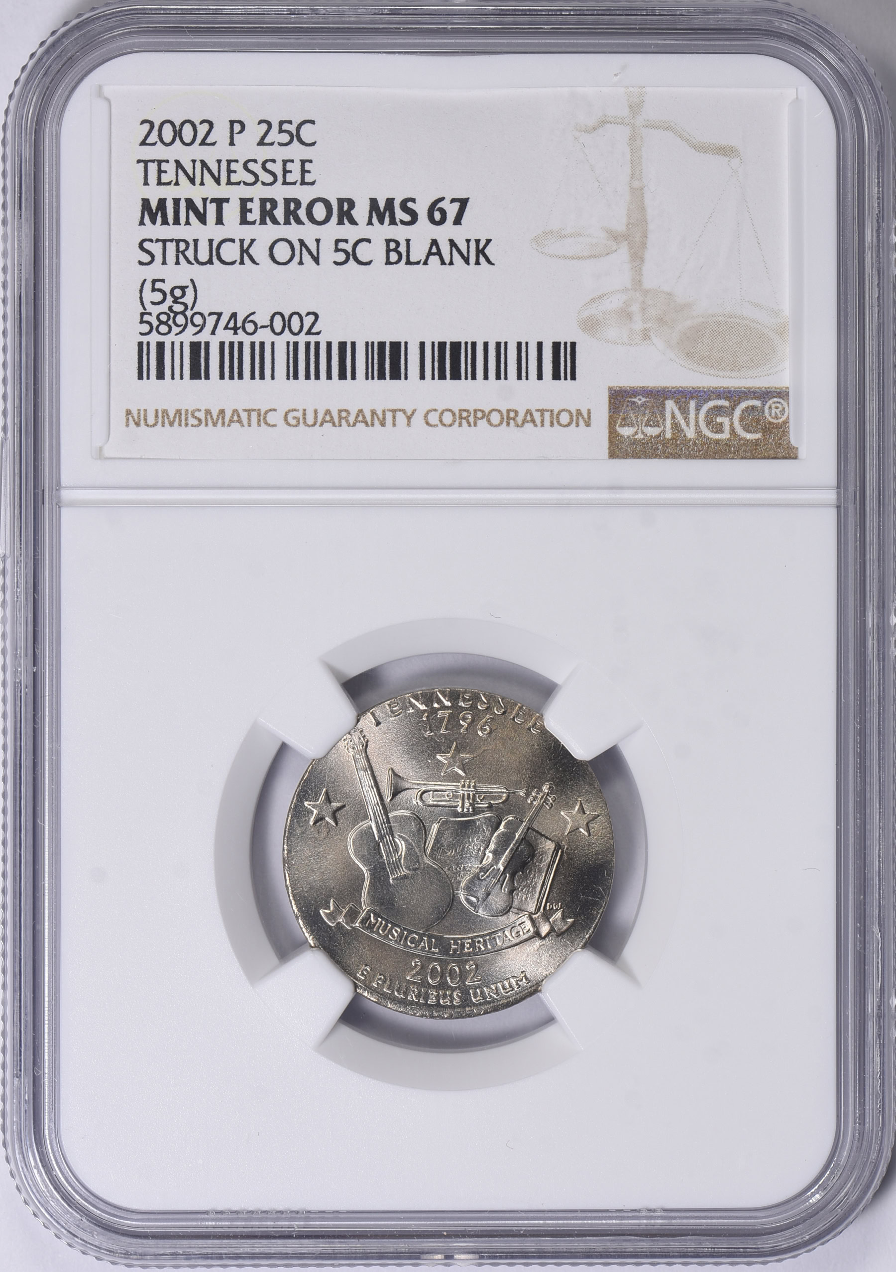 Mint Error 2002-P State Quarter Tennessee Struck on 5c Blank (5g) NGC ...