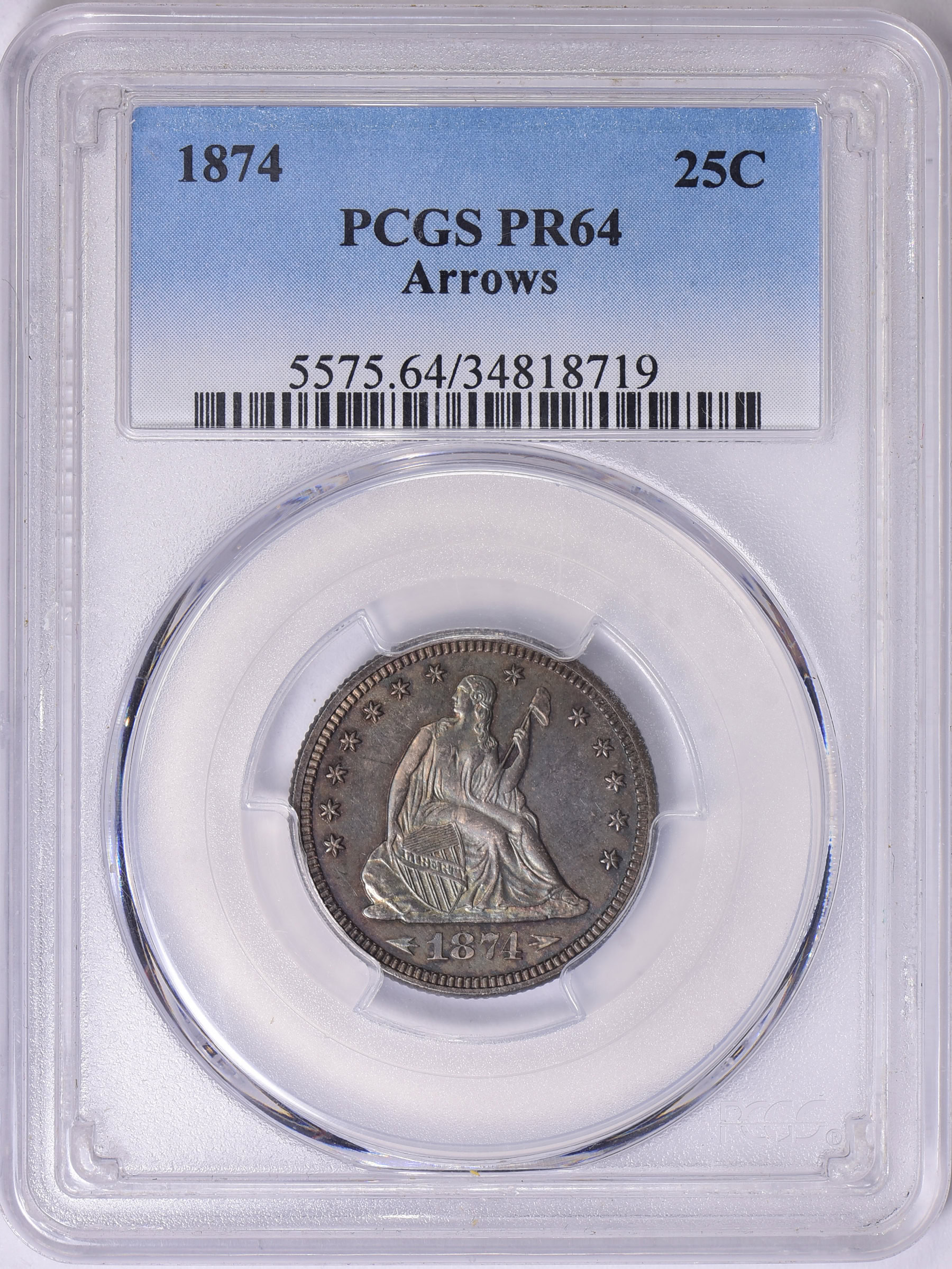1874 Seated Liberty Quarter Arrows PCGS Proof-64 (Toned) (Item 1670296) | GreatCollections Coin ...