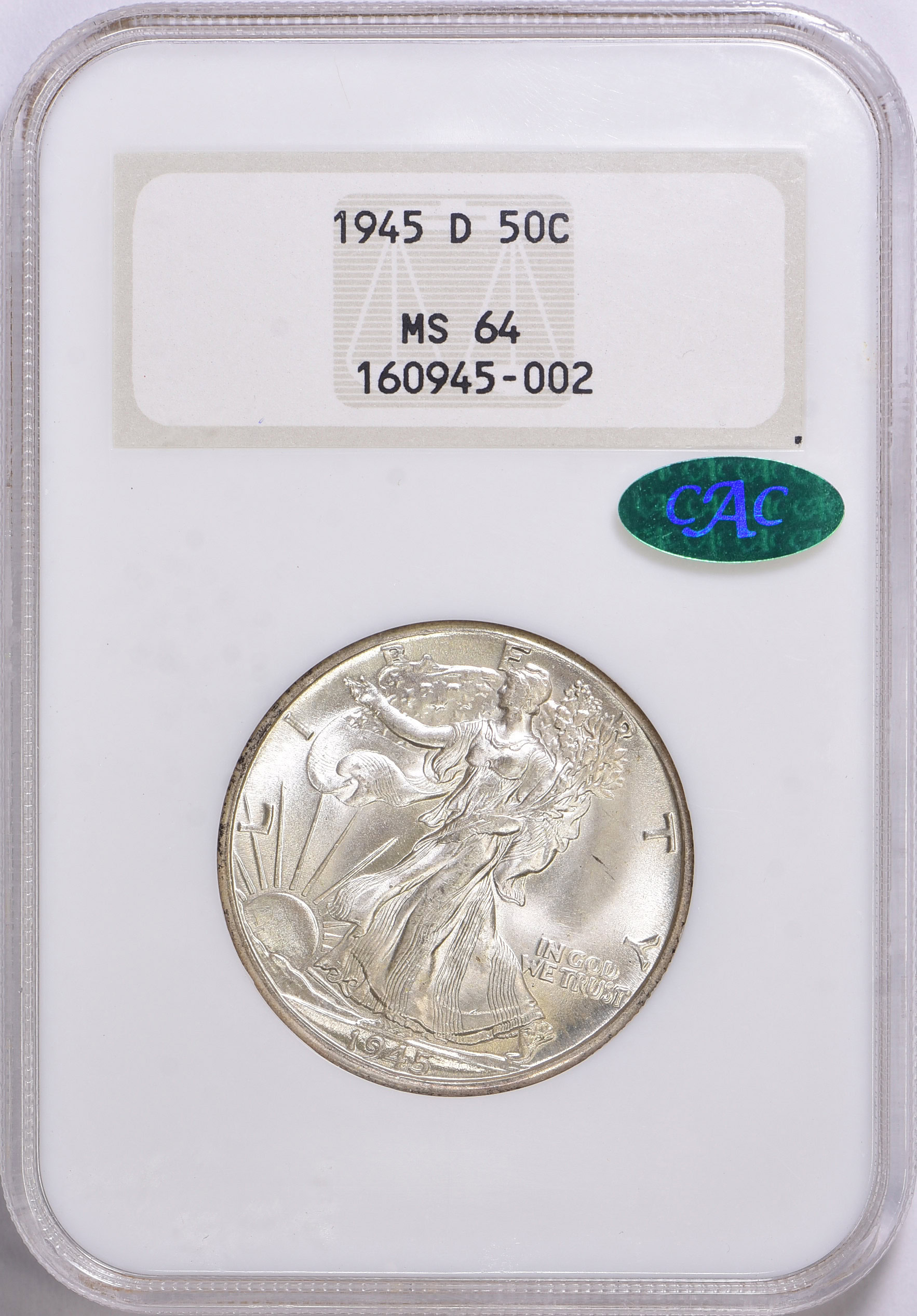 1945-D Walking Liberty Half Dollar NGC MS-64 (CAC Green) OH (Item 1670324) | GreatCollections ...